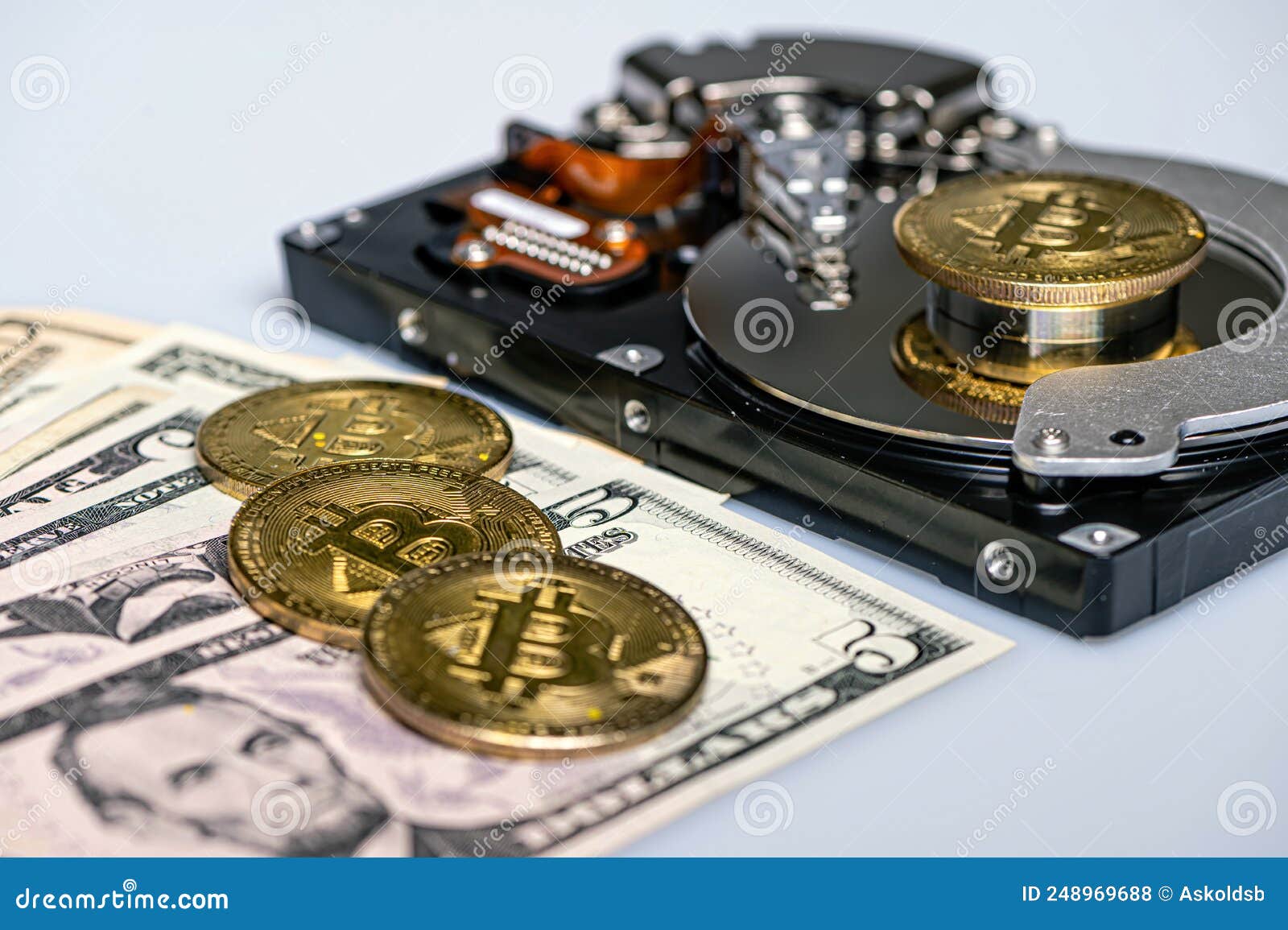 Bitcoin BTC Coins, Open Hard Drive and Dollar Bills, Digital Payment ...