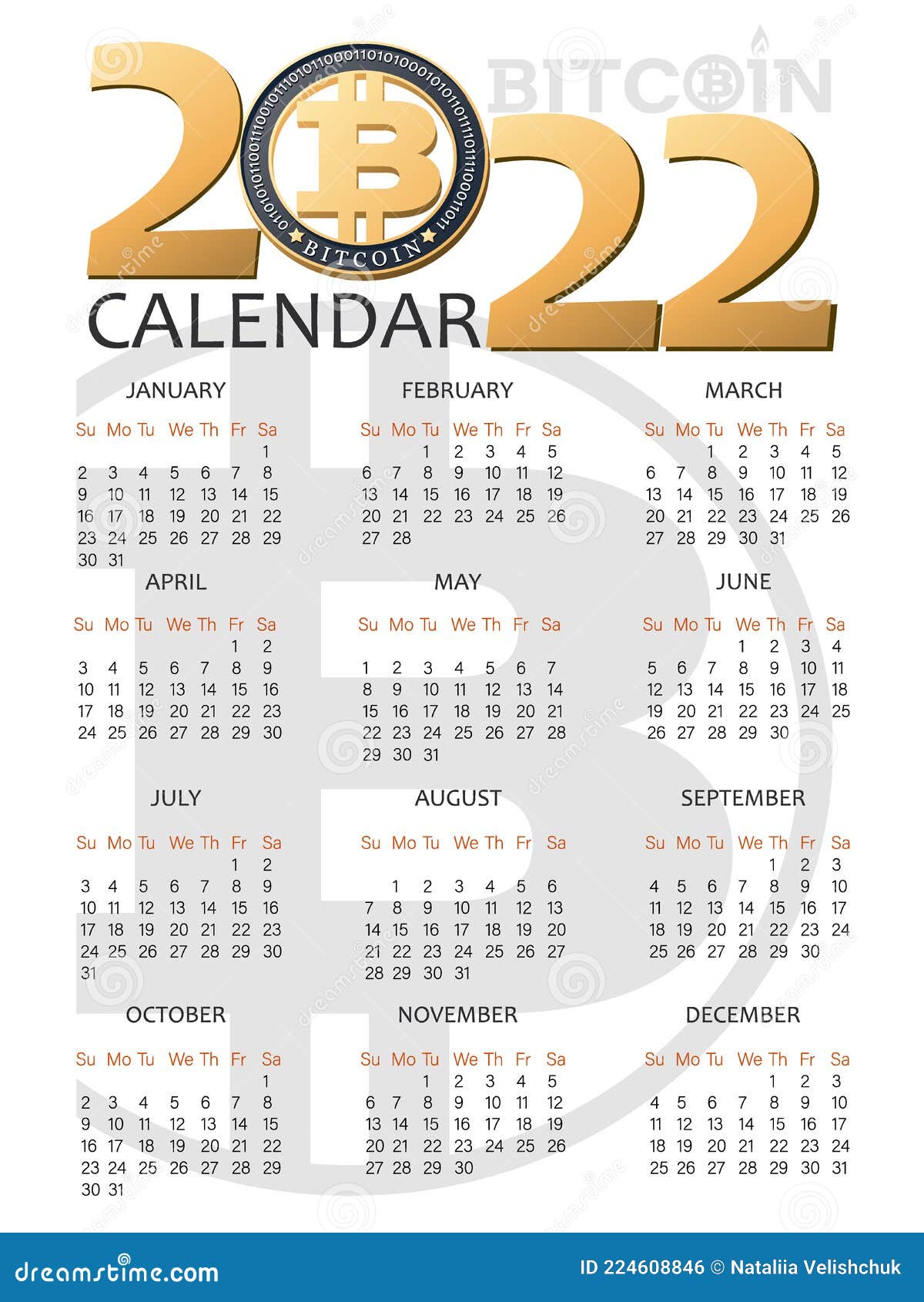 Bitcoin Calendar 2022. Vector Template Design with Week Start on Sunday ...