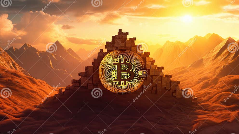Bitcoin Carved into a Triangular Mountain Sunset. Generative AI Stock ...