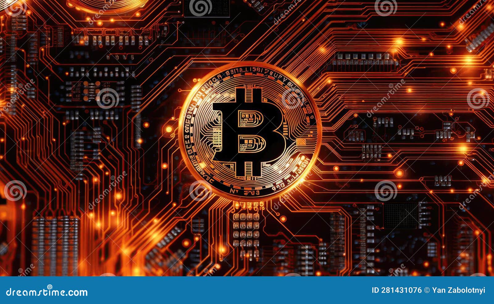 Bitcoin Circuit Board Background Orange Black. Generative AI Stock ...