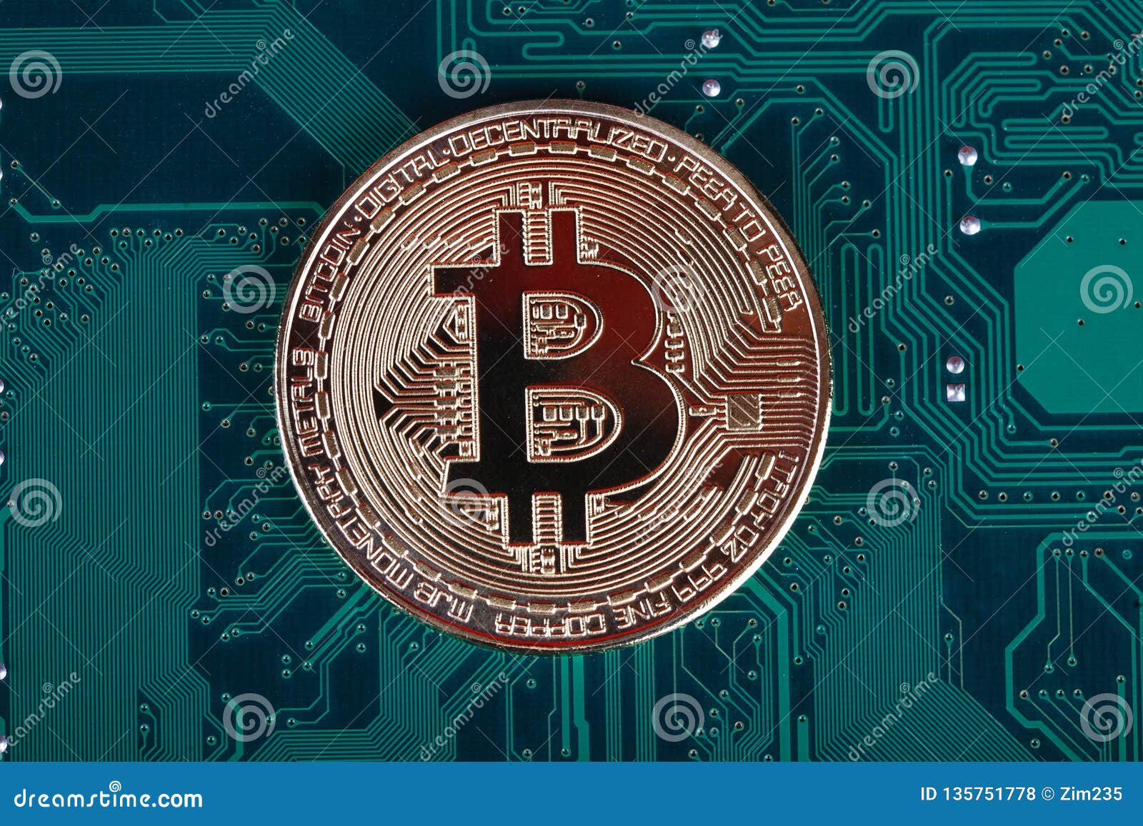 Bitcoin on circuit board stock photo. Image of circuit - 135751778