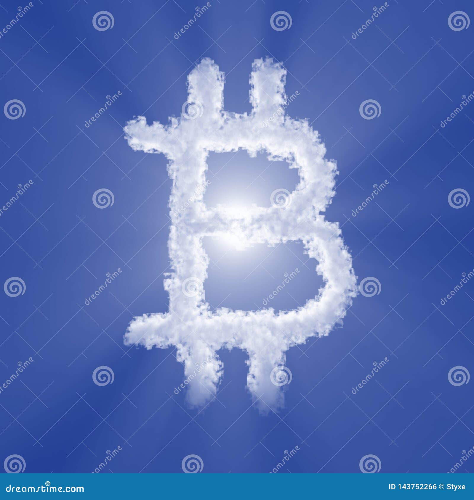 Bitcoin Cloud Sign with Volume Light on Blue Sky and Sun. 3d ...