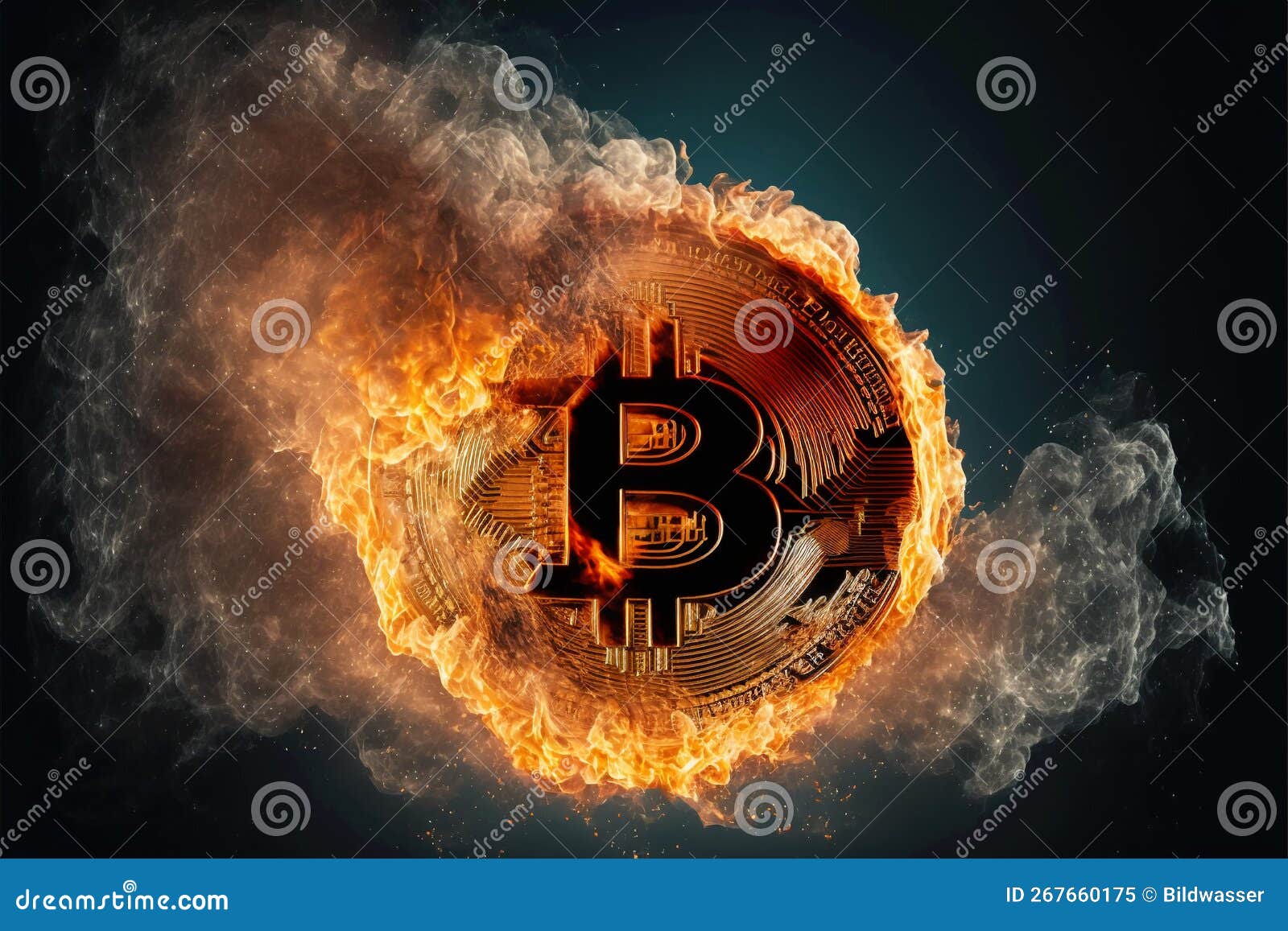Bitcoin Coin Burning in Fire Flames. Generative Ai Stock Illustration ...