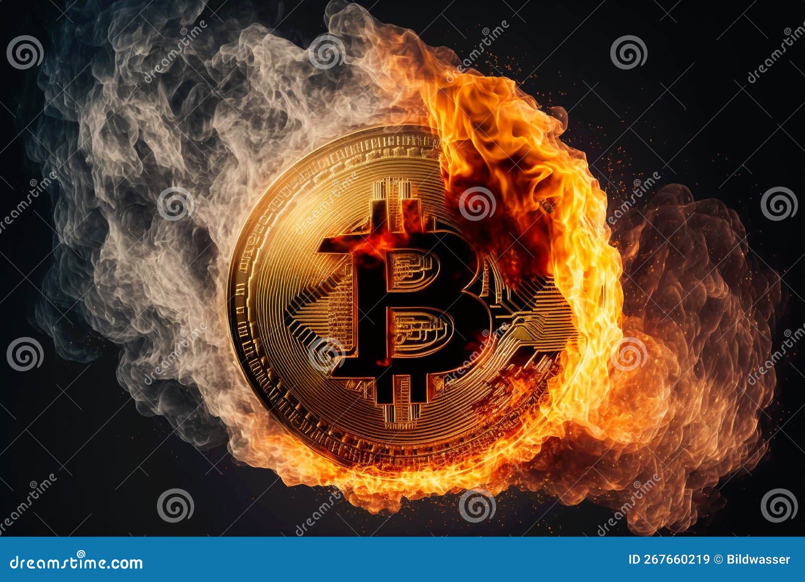 Bitcoin Coin Burning in Flames on Fire. Generative Ai Stock ...