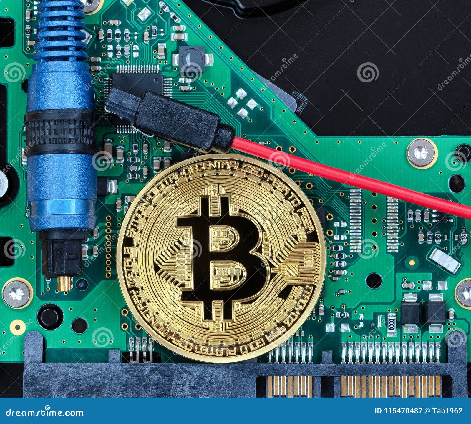 Bitcoin Coin on Circuit Board of Computer with Fiber Optic Cable Stock ...