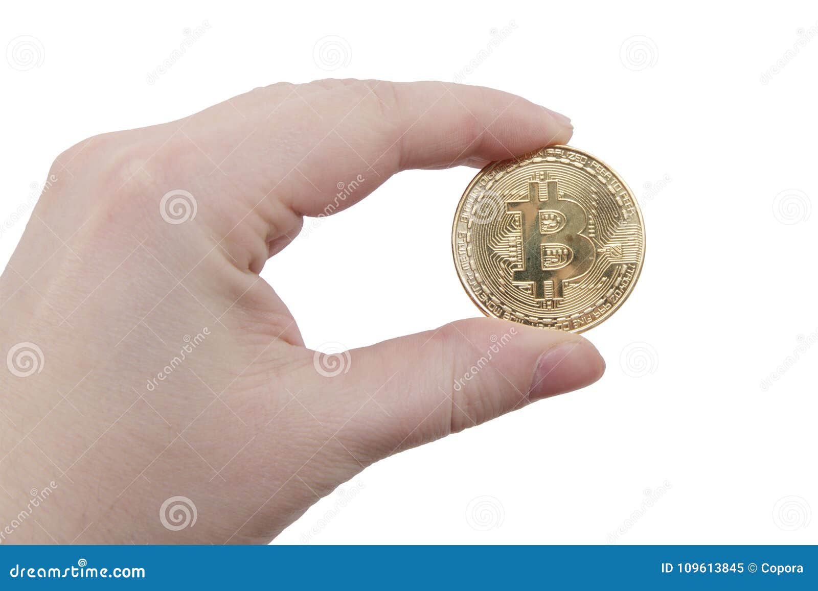 Bitcoin Coin in a Hand on a White Background Stock Image - Image of ...