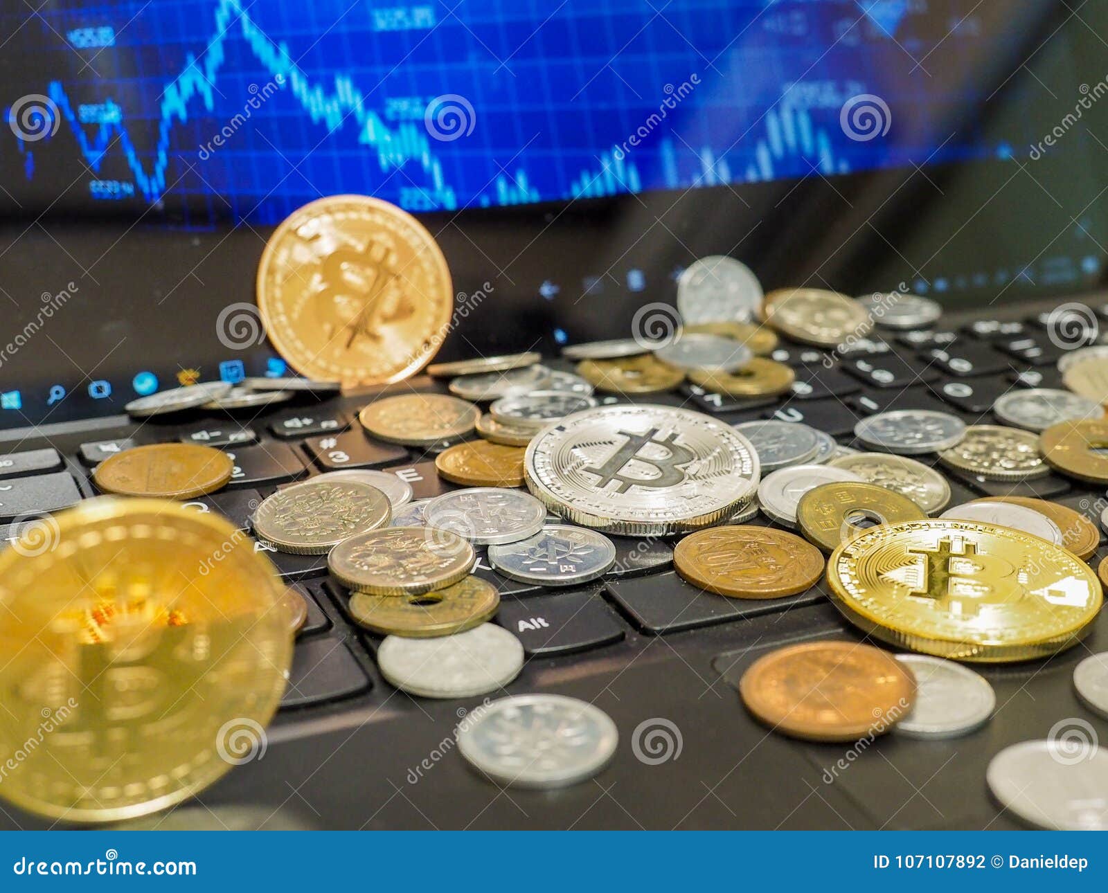 Bitcoin and Coins on Computer Keyboard Stock Photo - Image of banks ...