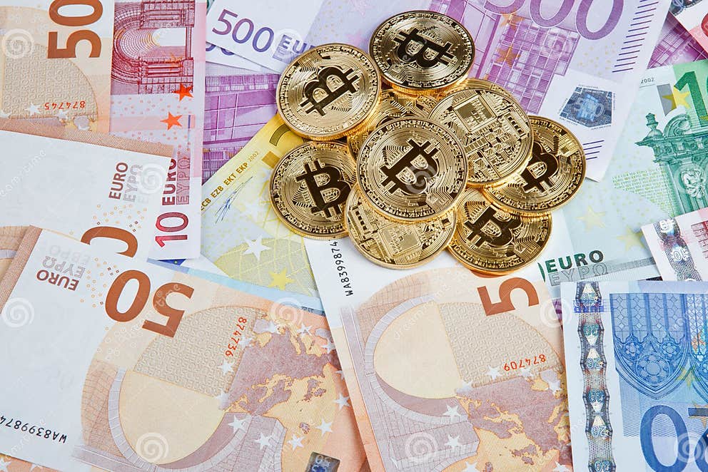 Bitcoin coins with euros stock photo. Image of bank - 155758180
