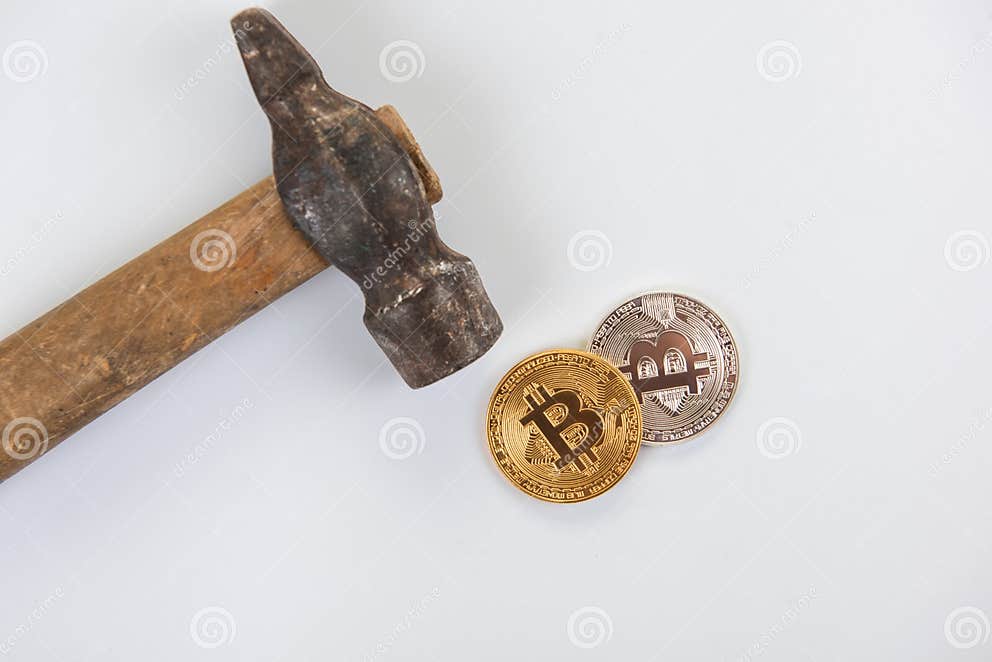 Bitcoin coins with hammer stock image. Image of crypto - 98384187