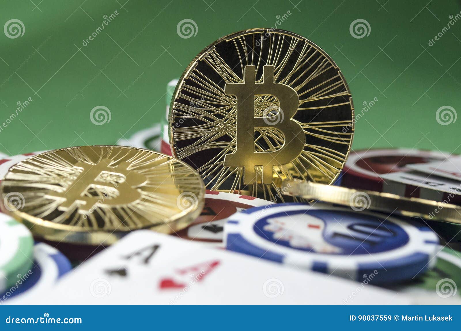 Bitcoin Coins With Poker Cards And Chips Stock Image - Image of chips ...