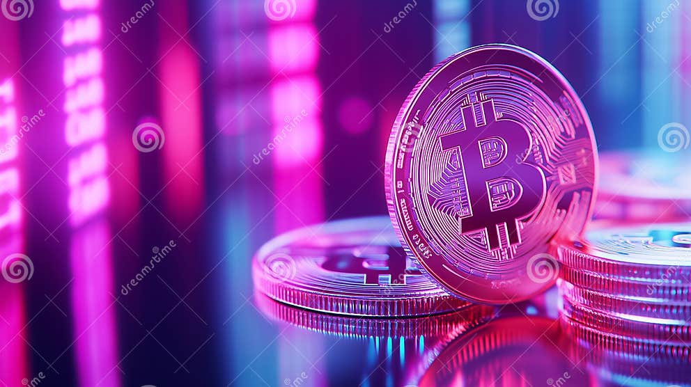 Bitcoin Coins Shine Under Colorful Neon Lights, Creating a Striking ...
