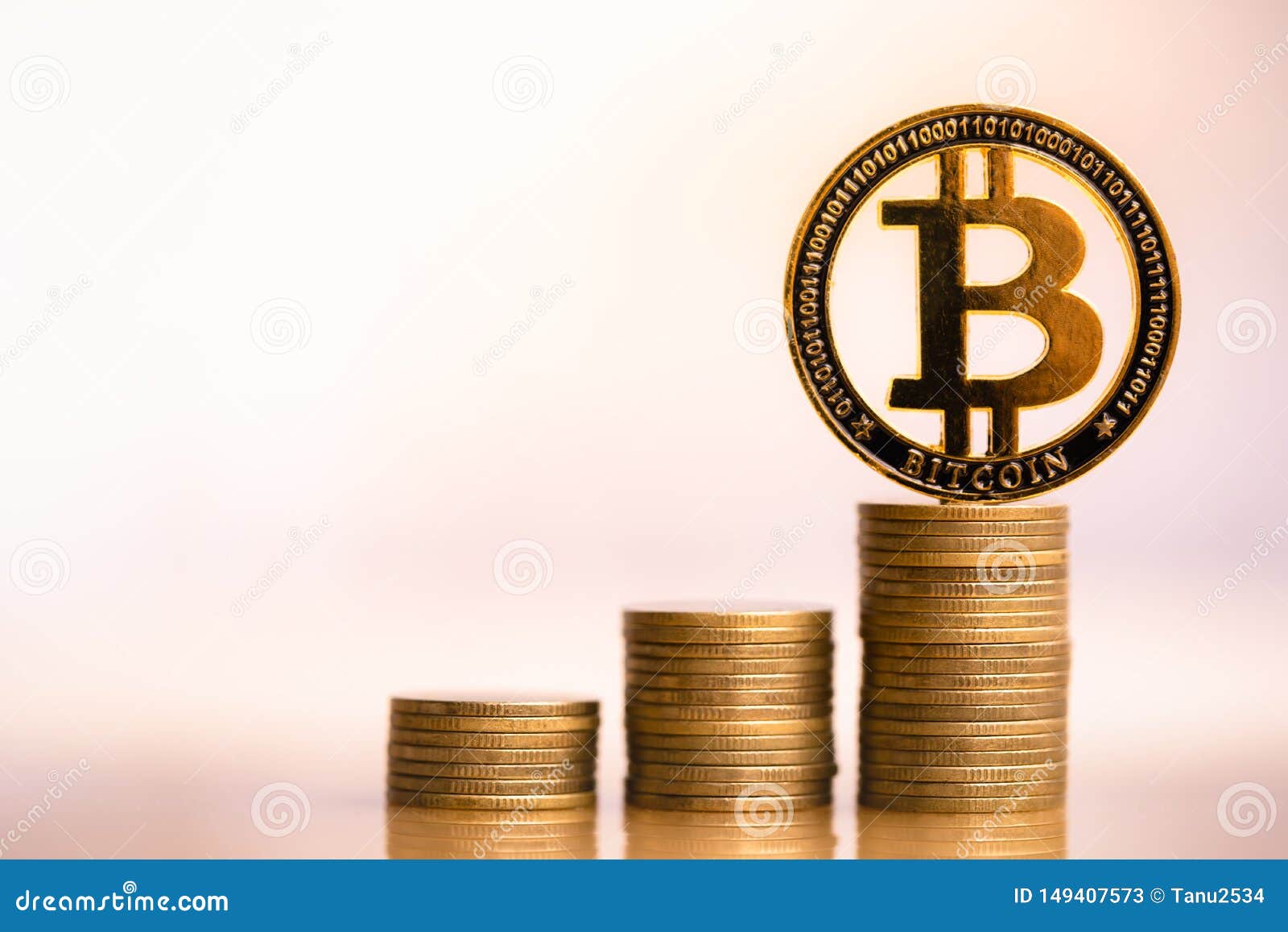 Bitcoin on coins stack. stock image. Image of coins - 149407573