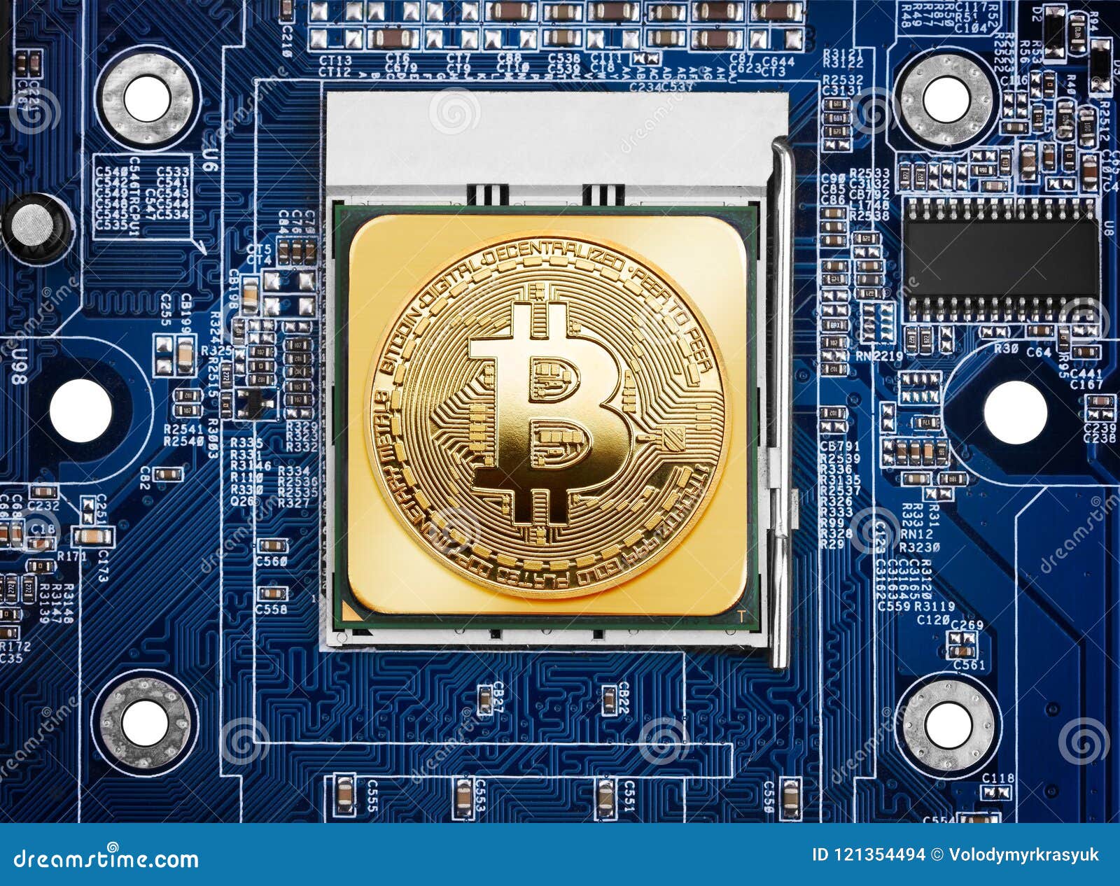 Bitcoin on a processor stock photo. Image of banking - 121354494