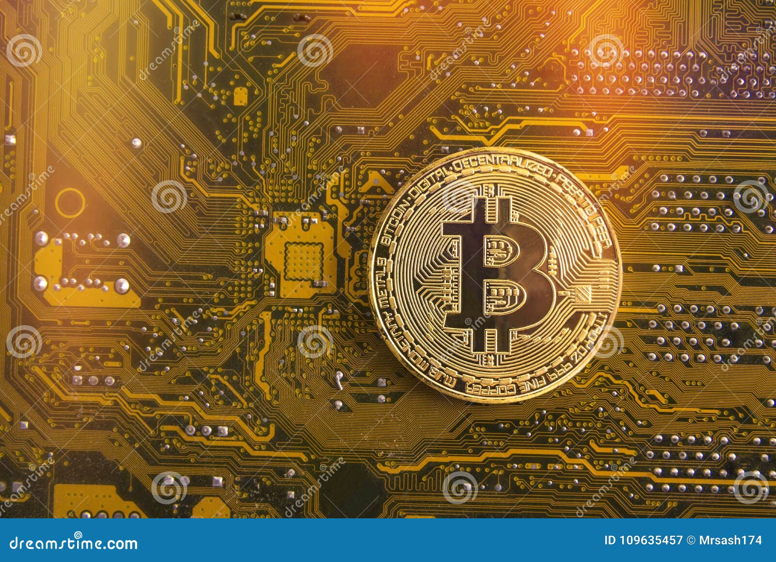 Bitcoin Concept - Gold Coin, Computer Circuit Board with Bitcoin ...