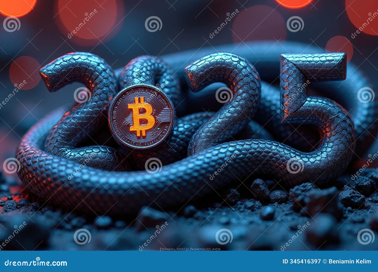 Bitcoin 2025 Concept with Metallic Snake and Cryptocurrency Symbol in ...