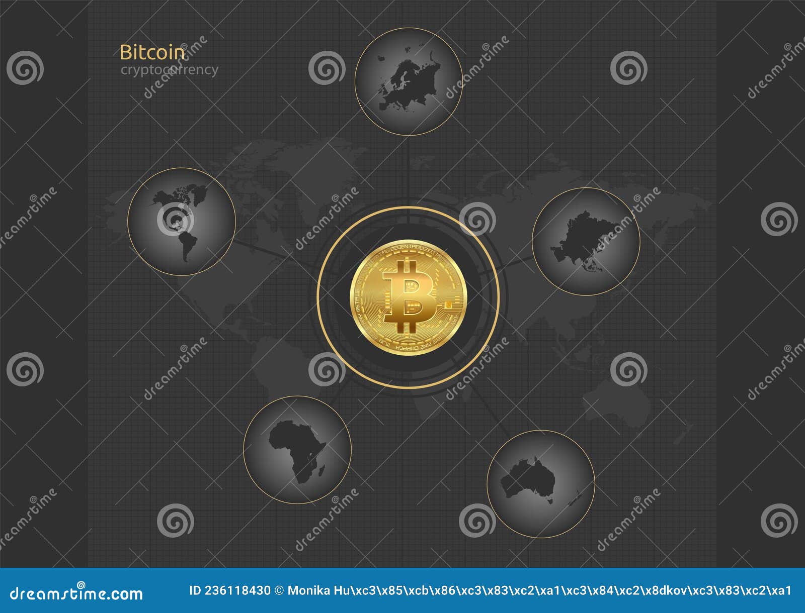 Bitcoin and Continents Map, Infographics Black Flat Design on Graph ...