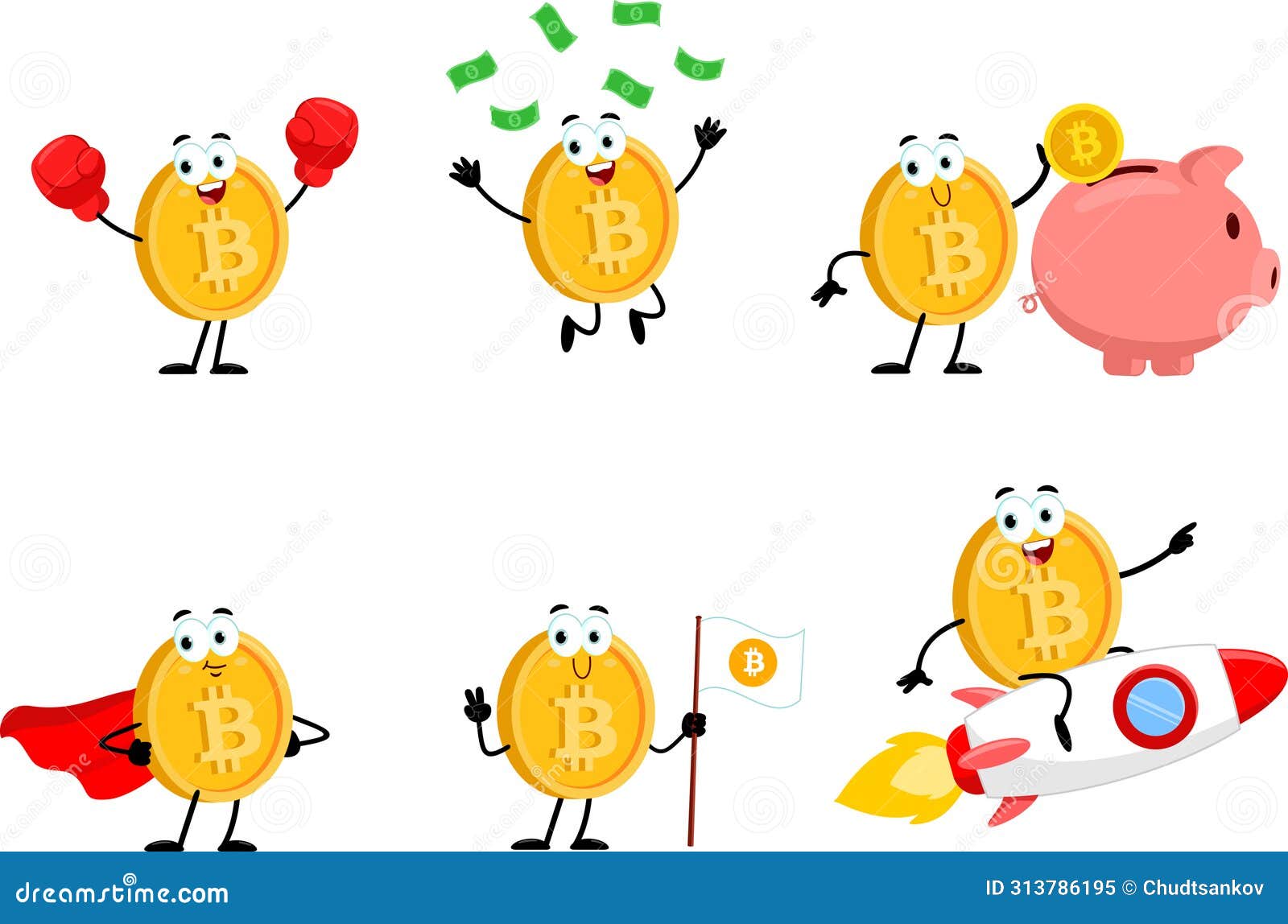 Bitcoin Crypto Cartoon Character. Vector Flat Design Collection Set ...