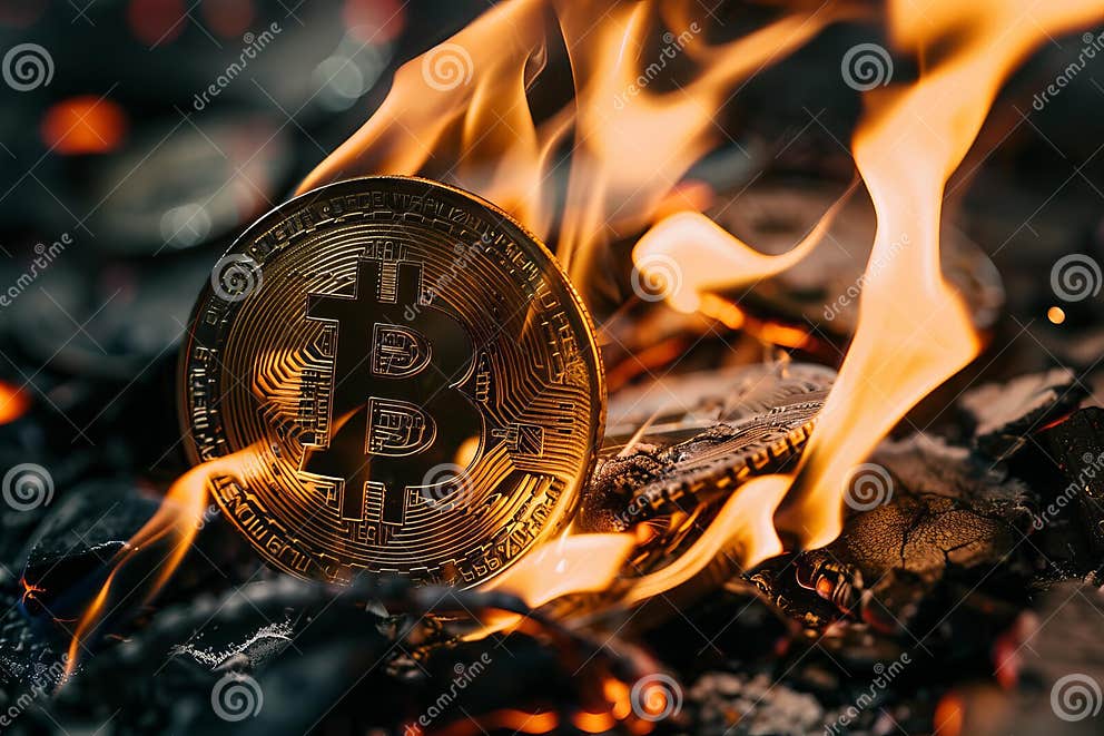 Bitcoin Cryptocurrency Burning in Flames on Ashes Stock Photo - Image ...