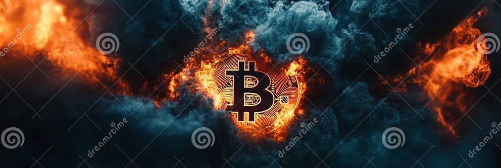 Bitcoin Cryptocurrency Burning in Orange and Blue Flames and Smoke ...