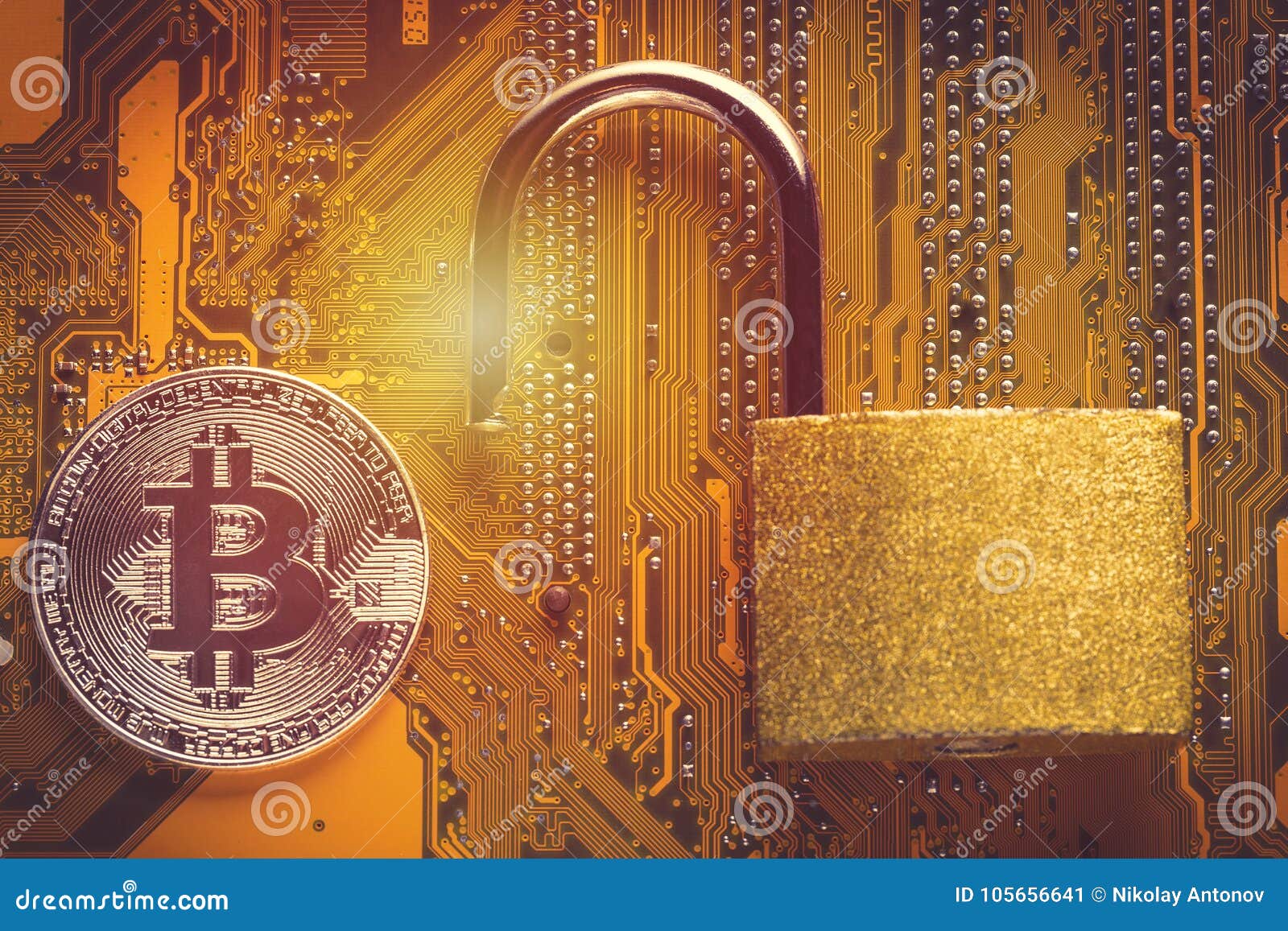Bitcoin Cryptocurrency with Opened Padlock on Computer Motherboard ...