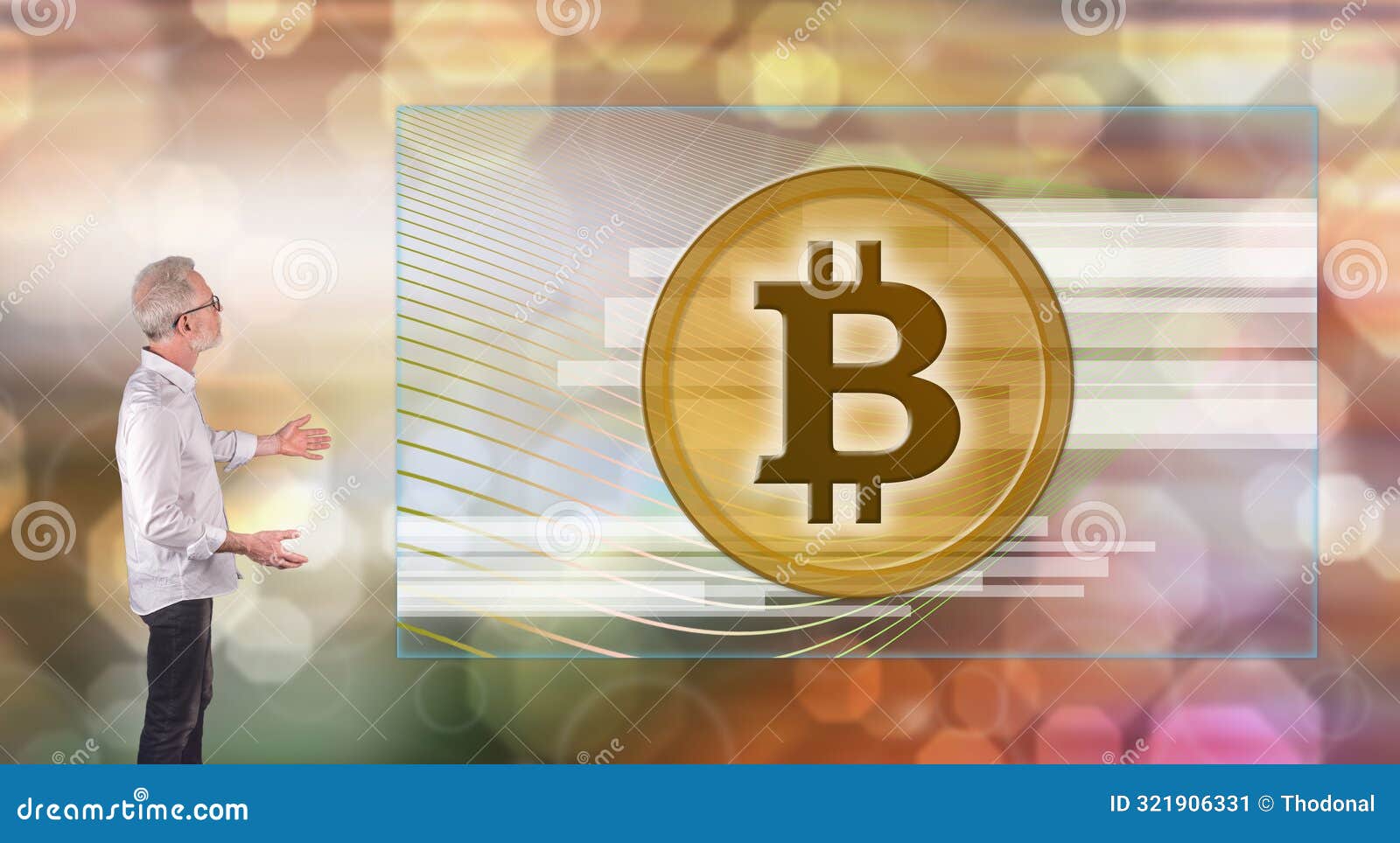 A Bitcoin Currency Concept Explained by a Businessman on a Wall Screen ...