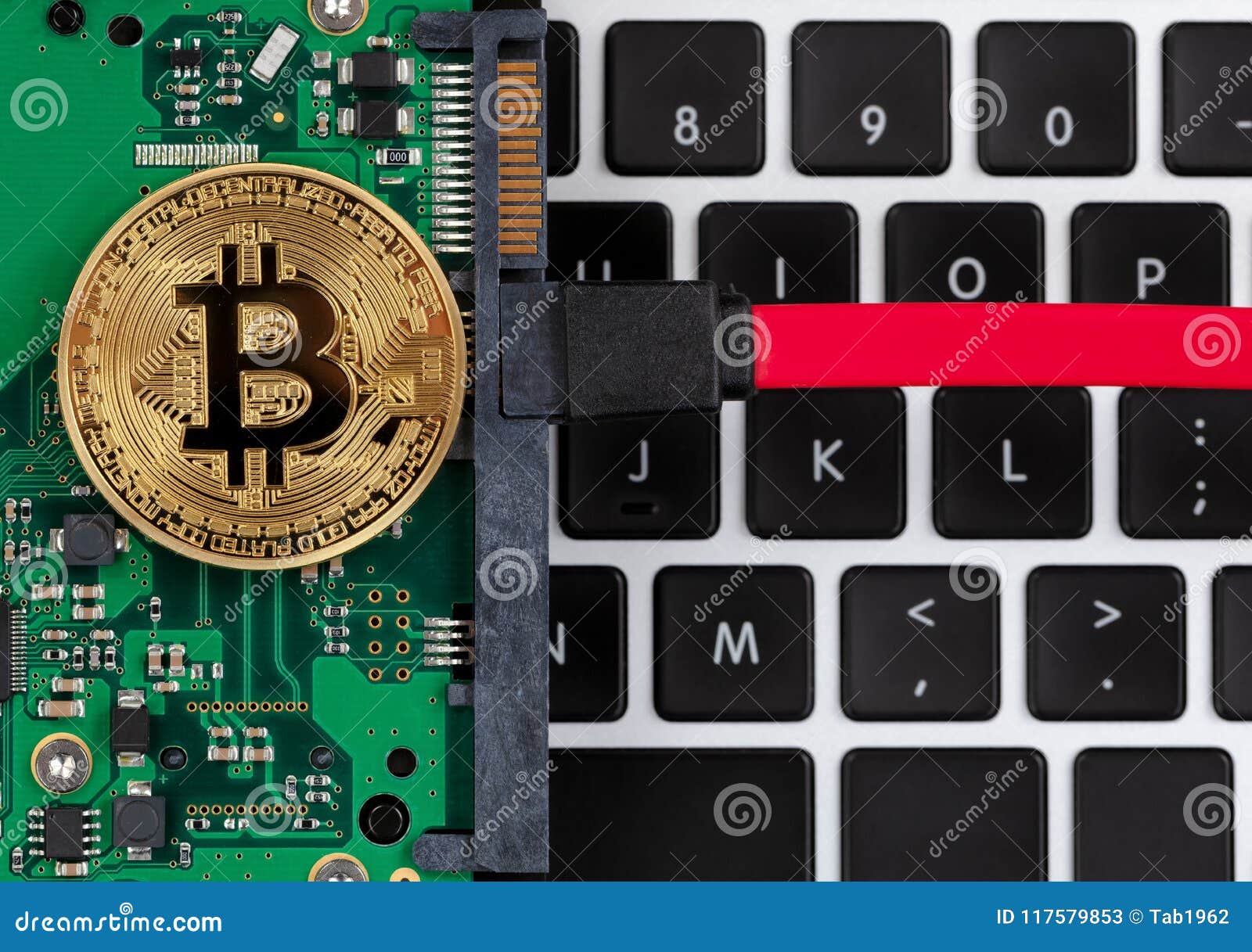 Bitcoin Currency On Mainboard Of Computer With Keyboard In Background ...