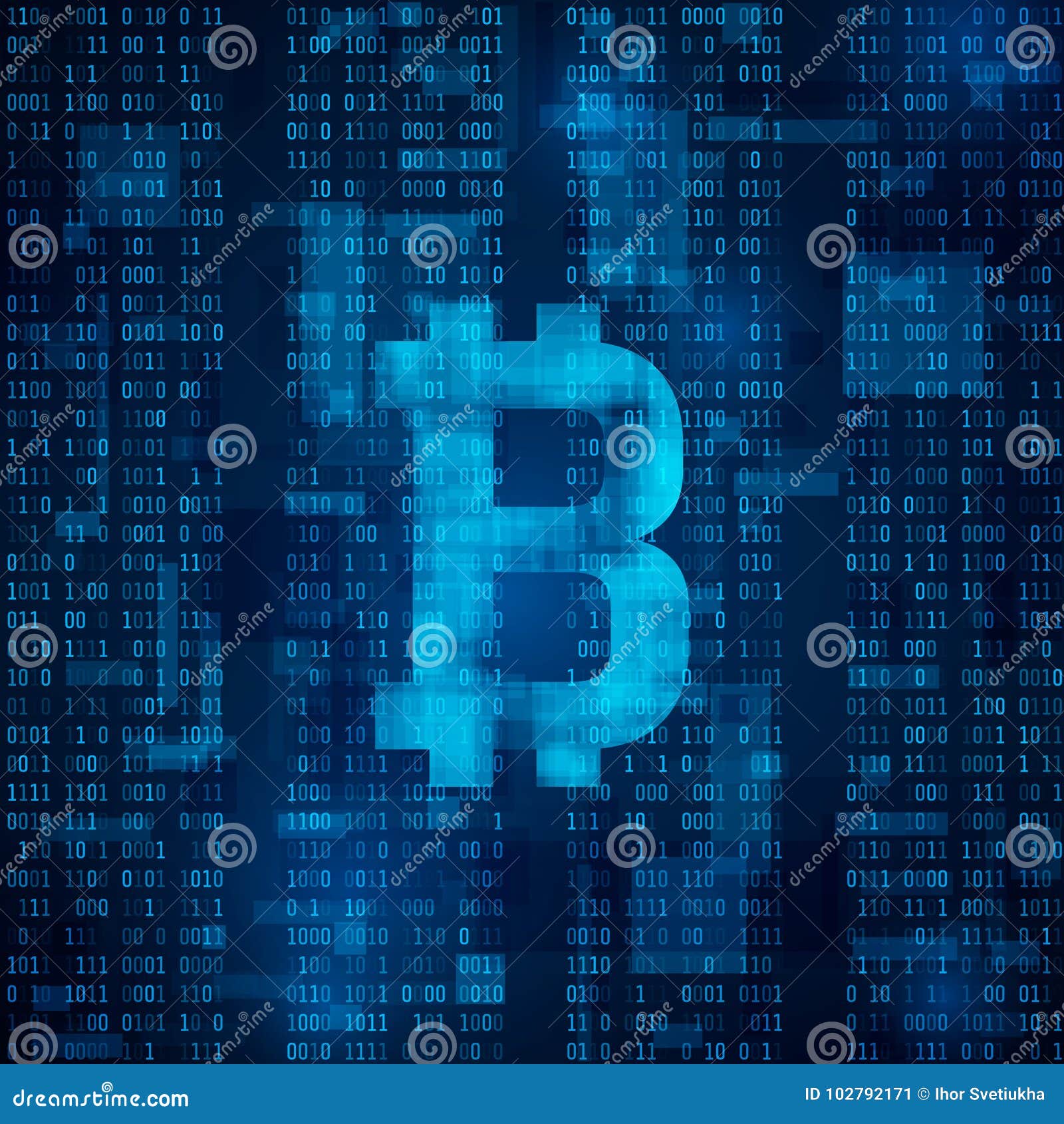 Bitcoin Digital Currency. Symbol of Bitcoin on Blue Binary Code Stock ...