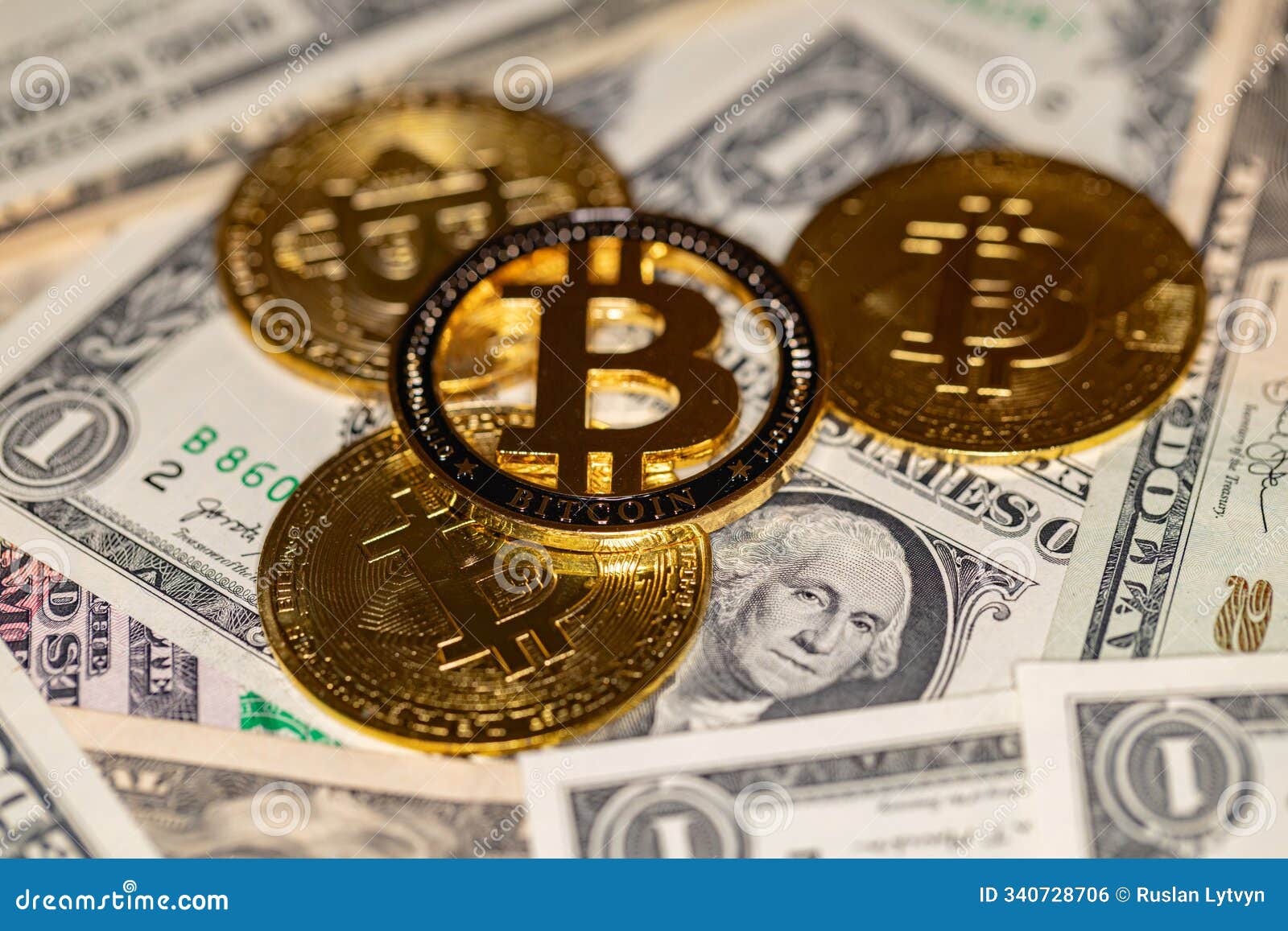Bitcoin on Dollar Bill Background for Design Purpose Stock Photo ...