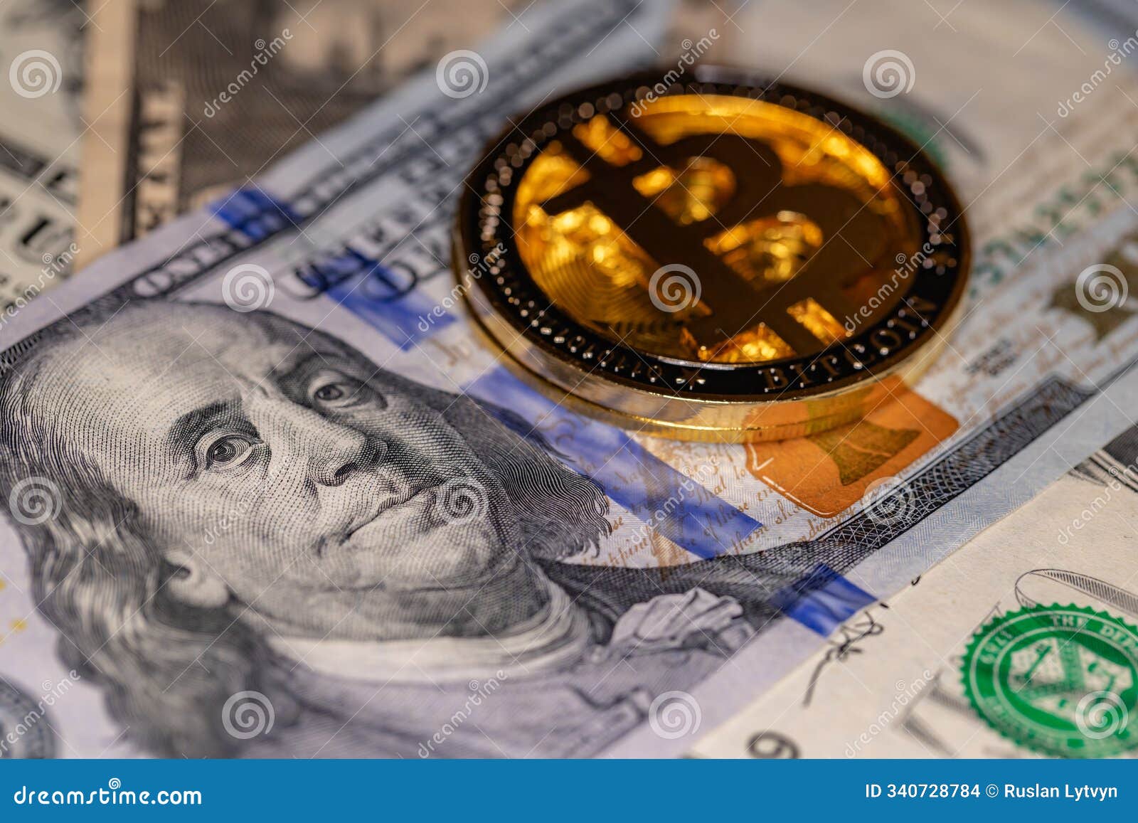 Bitcoin on 100 Dollar Bill Background Stock Photo - Image of abstract ...