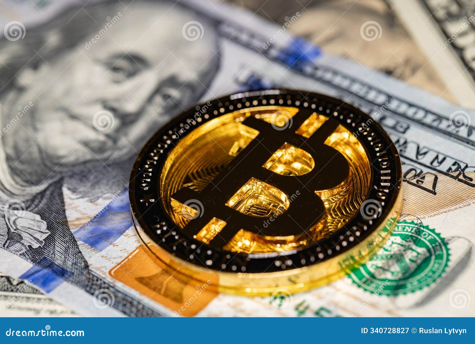 Bitcoin on 100 Dollar Bill Background Stock Image - Image of background ...