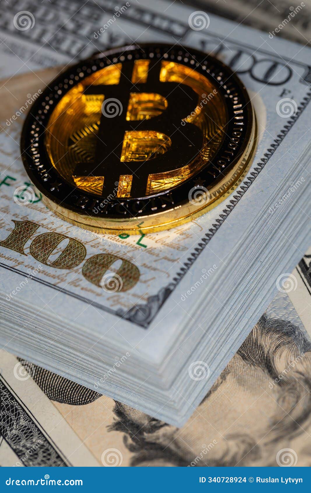 Bitcoin on 100 Dollar Bill Background Stock Photo - Image of internet ...