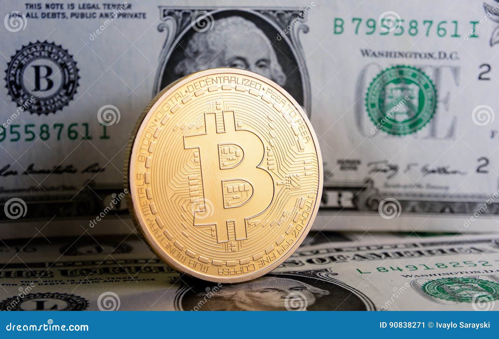 Bitcoin on dollar bill stock image. Image of cash, digital - 90838271