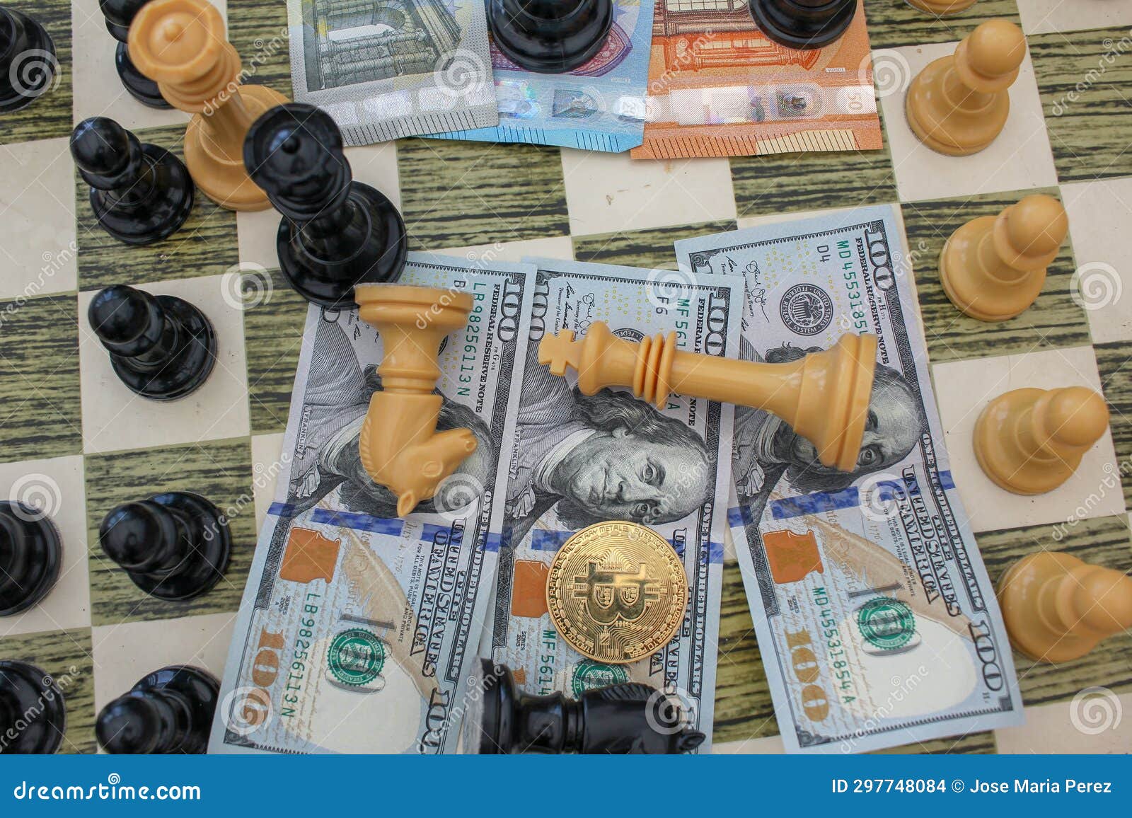 Bitcoin and Dollar Bills and Chess Pieces Stock Photo - Image of success, money: 297748084