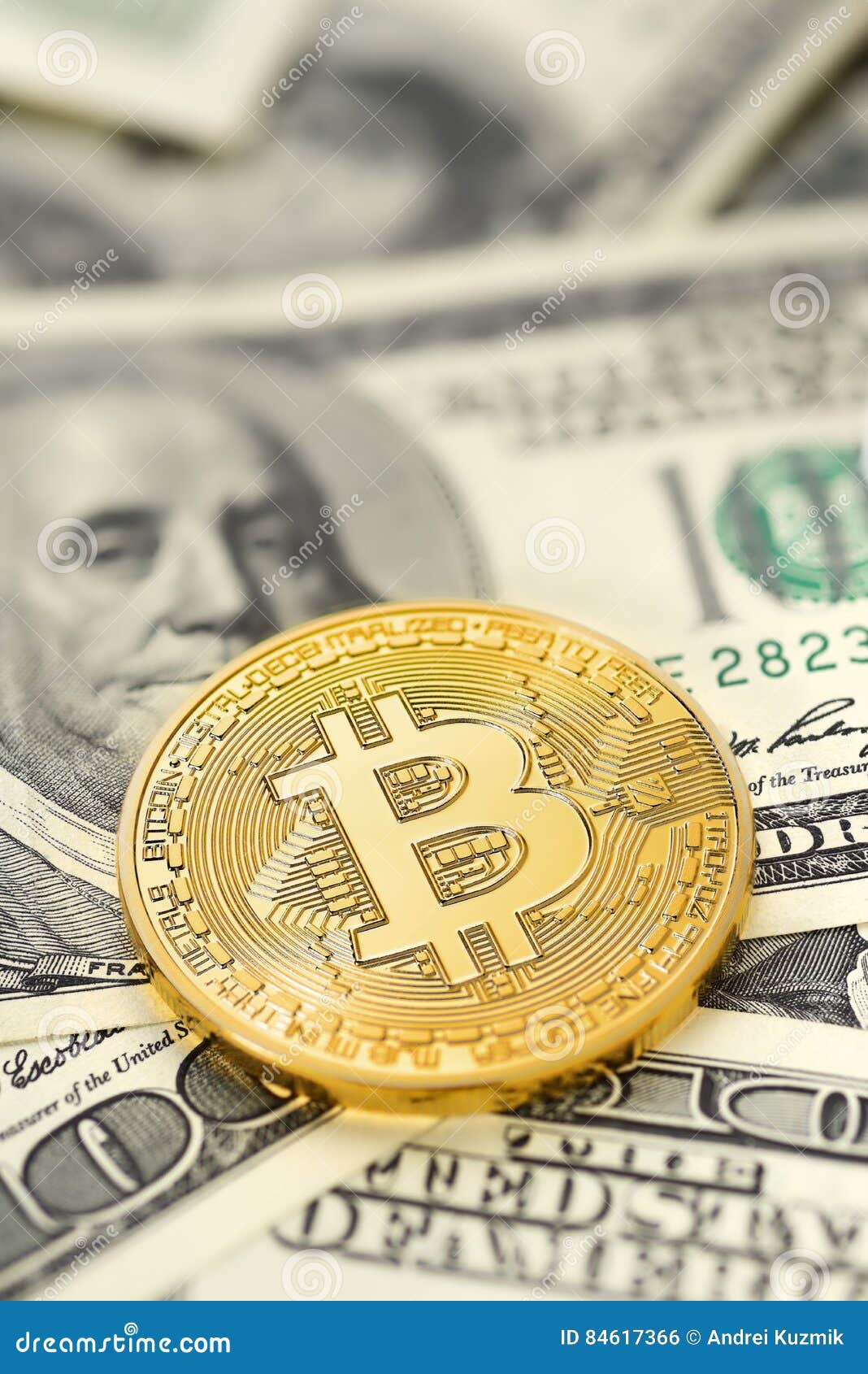 Bitcoin and dollar bills stock photo. Image of conceptual - 84617366