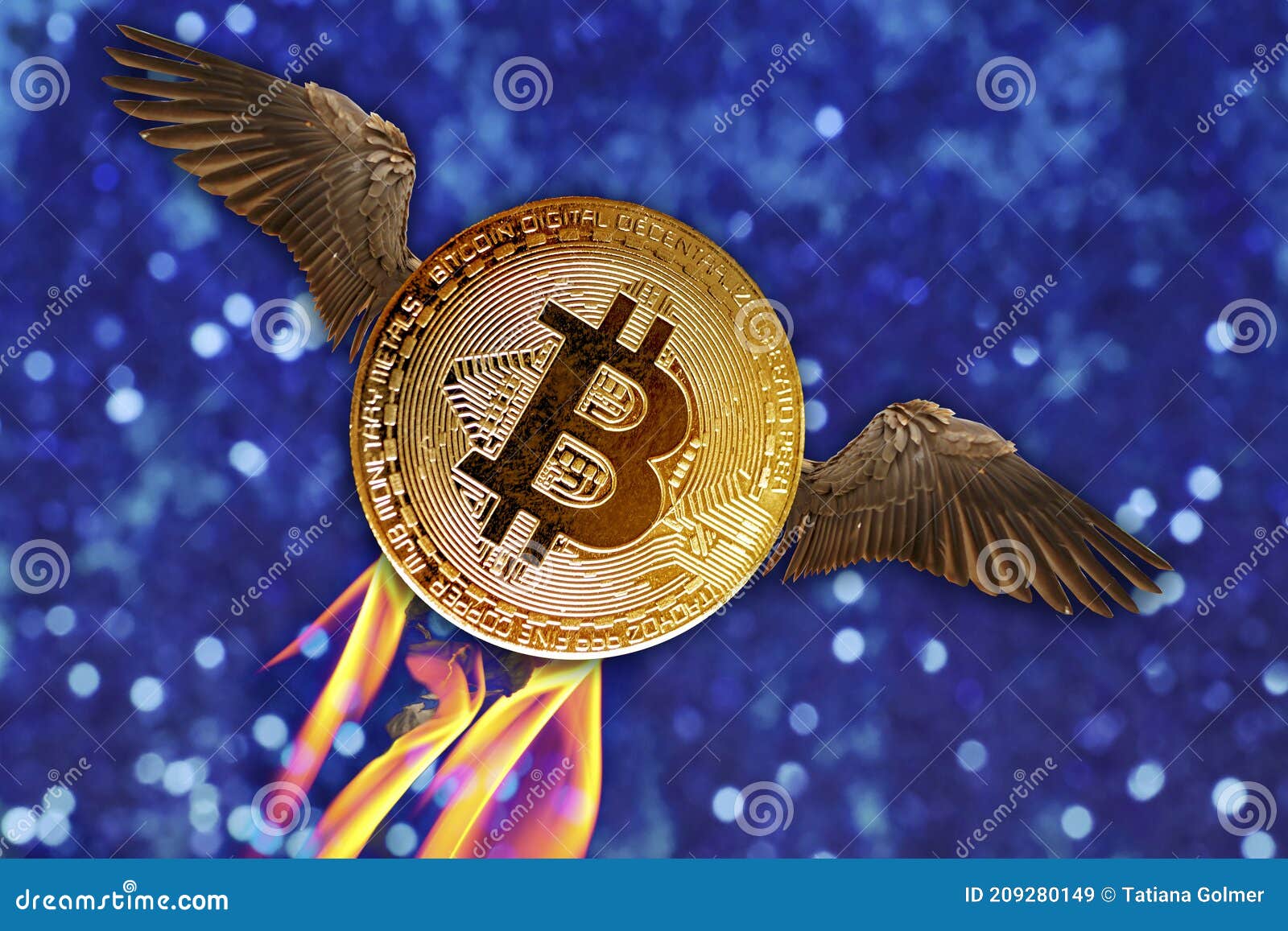 Bitcoin E-cryptocurrency with Wings Flies in Blue Sky with Clouds, Peer ...