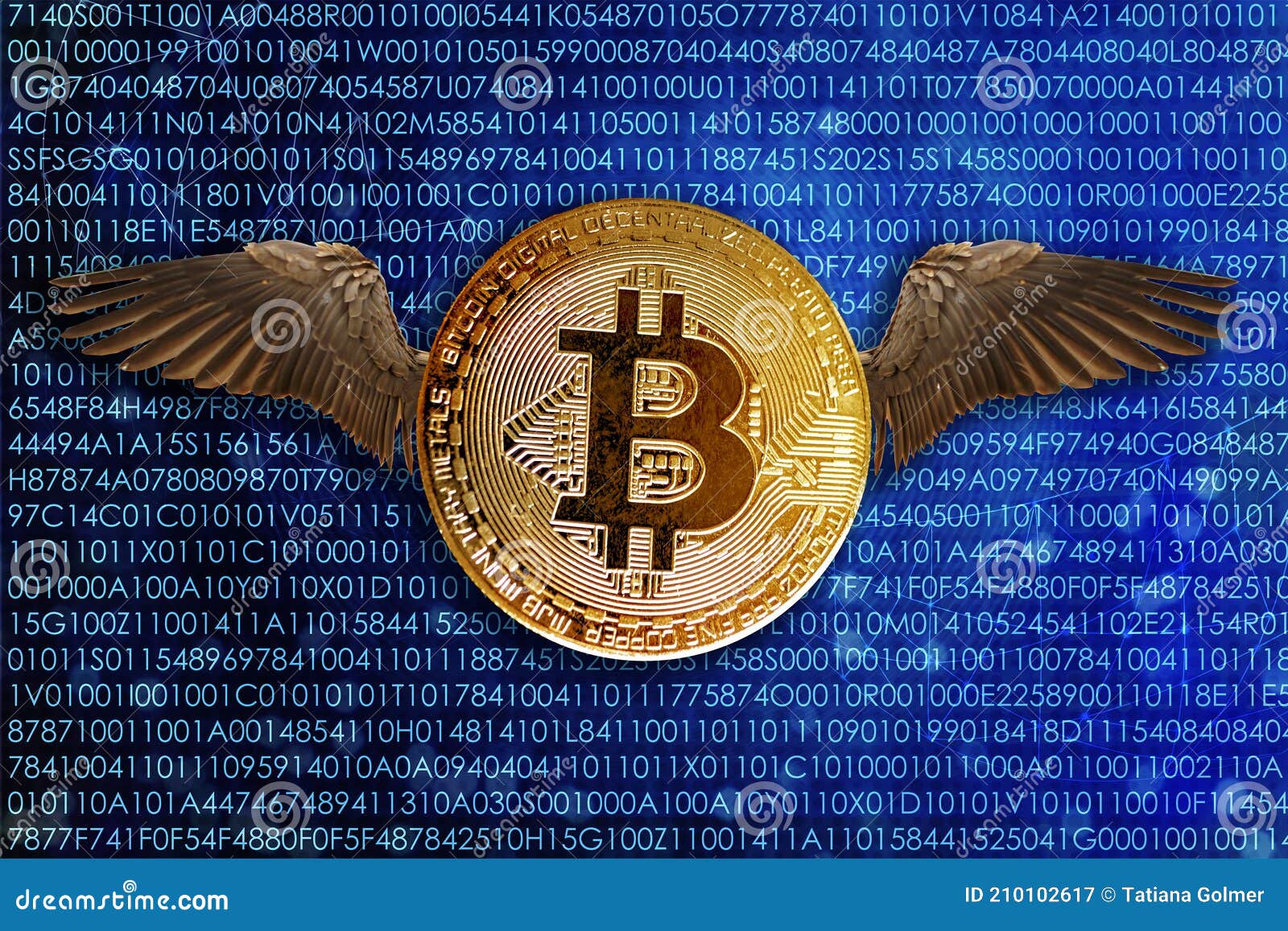 Bitcoin E-cryptocurrency with Wings Flies in Blue Sky with Clouds, Peer ...