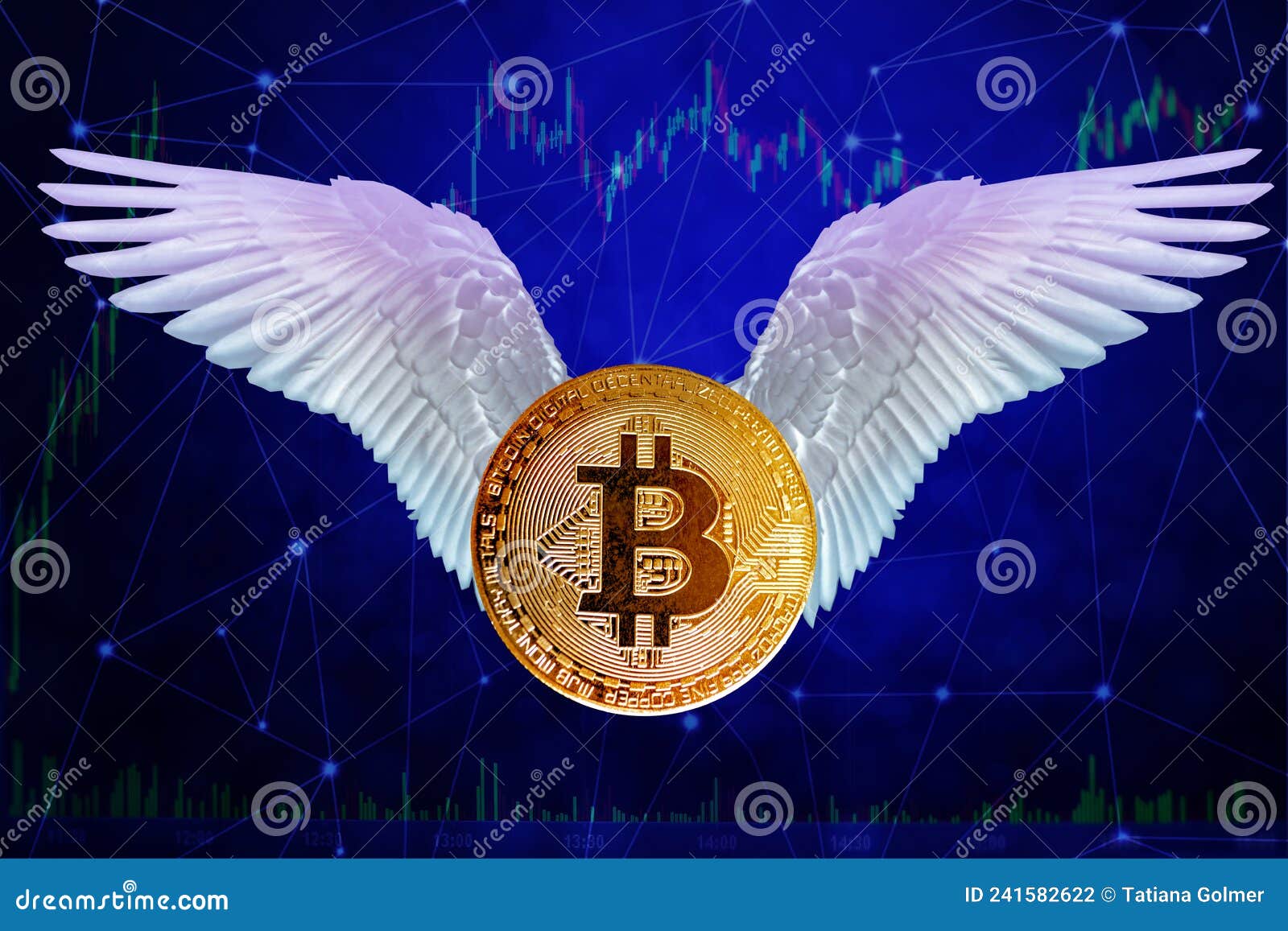 Bitcoin E-cryptocurrency with Wings Flies on Blue Technological ...