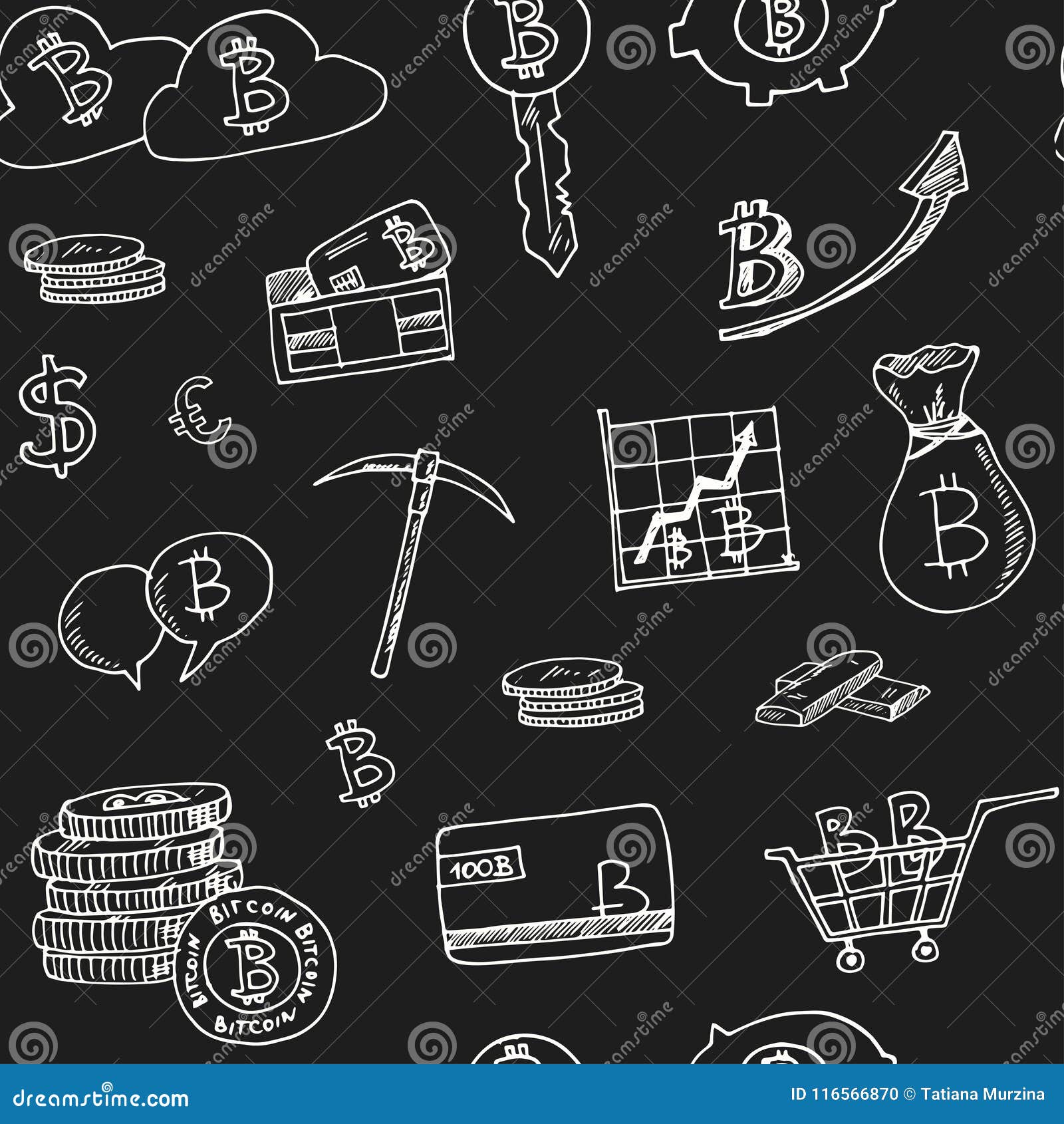 Bitcoin Elements Hand Drawn Doodle Seamless Pattern. Sketches Stock ...