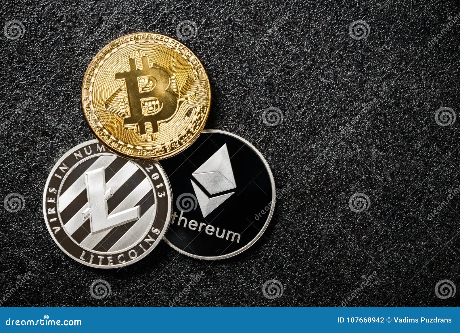 Bitcoin, Ethereum, Litecoin Coins on Black Background Editorial ...