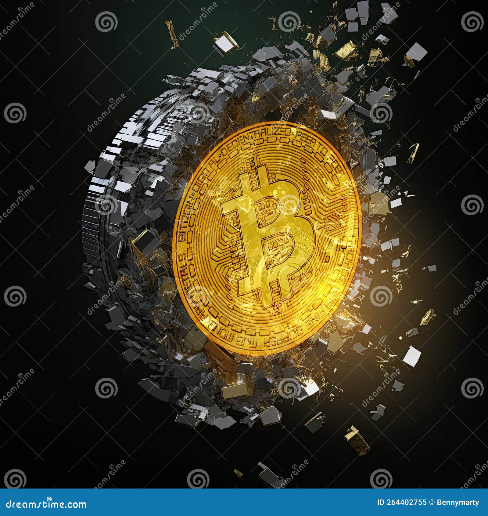 Bitcoin Exploding in Thousand Pieces Stock Illustration - Illustration ...