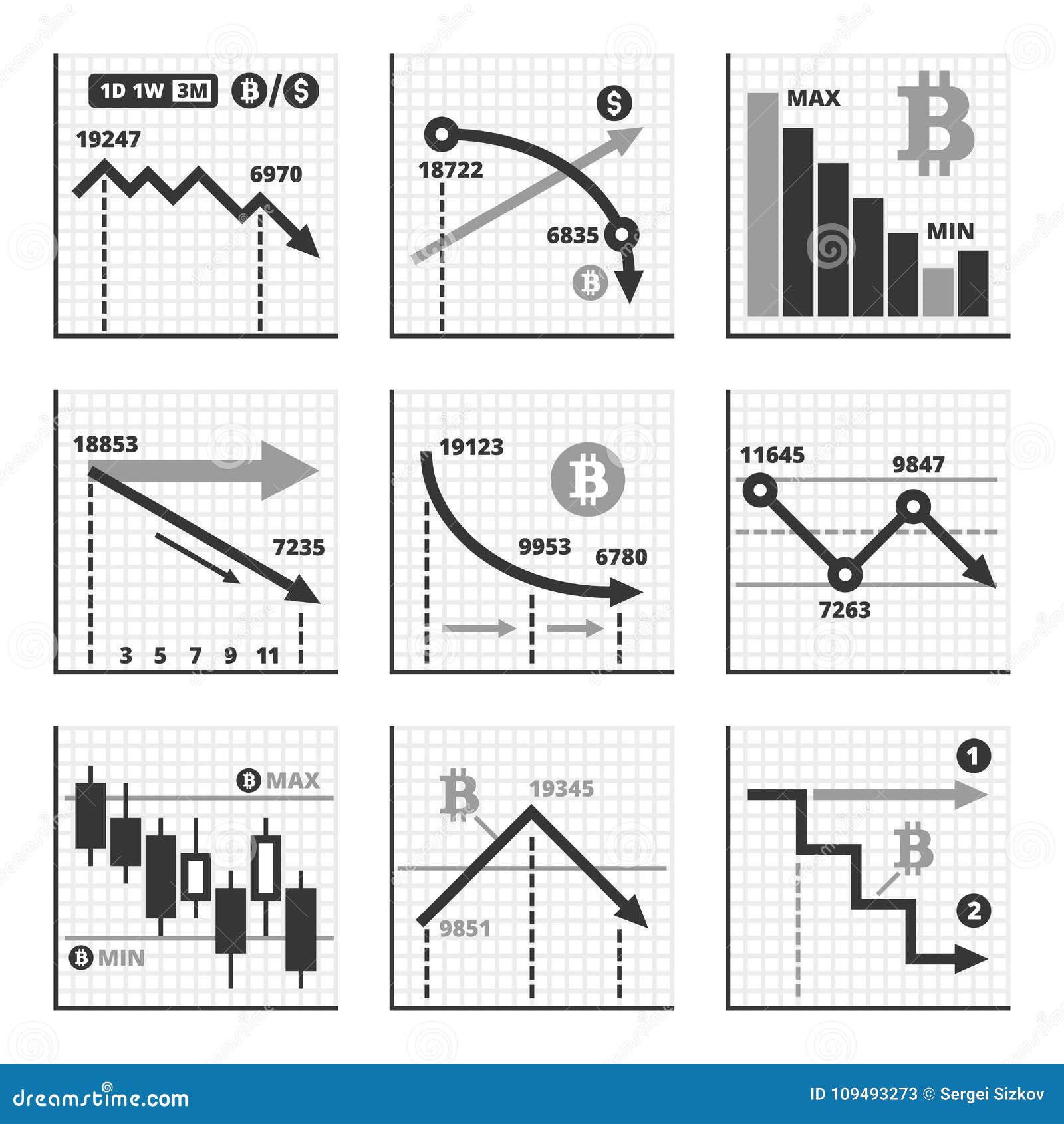 Bitcoin Falling Down Chart Graphics Set. Vector Stock Vector ...