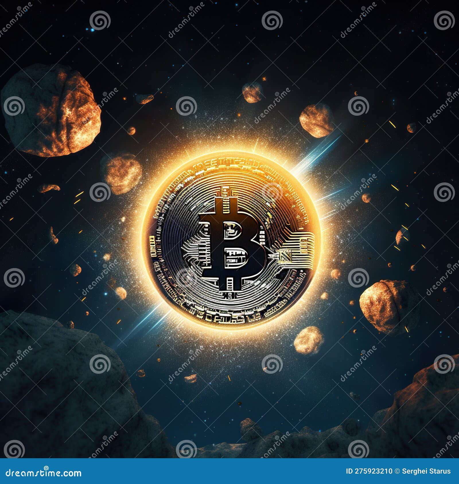 A Bitcoin Flying through the Air Surrounded by Space. AI Generative ...
