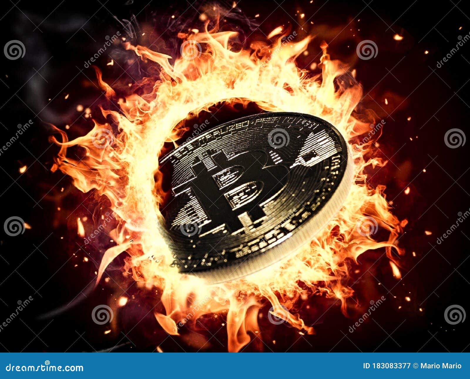 Bitcoin forged in fire stock image. Image of flames - 183083377