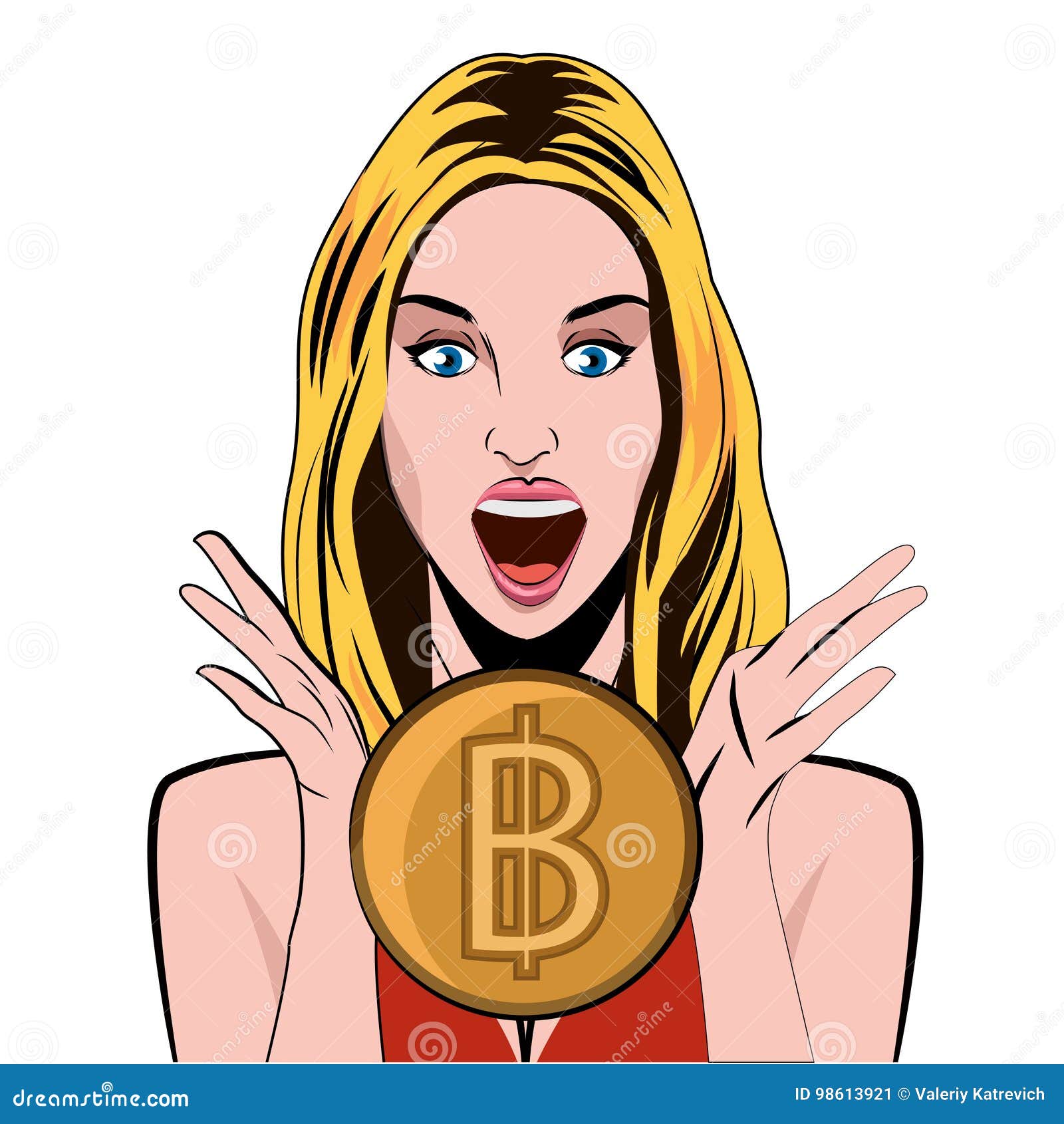 Bitcoin Girl Emotion of Joy Bitcoin. Conceptual Vector Illustration ...
