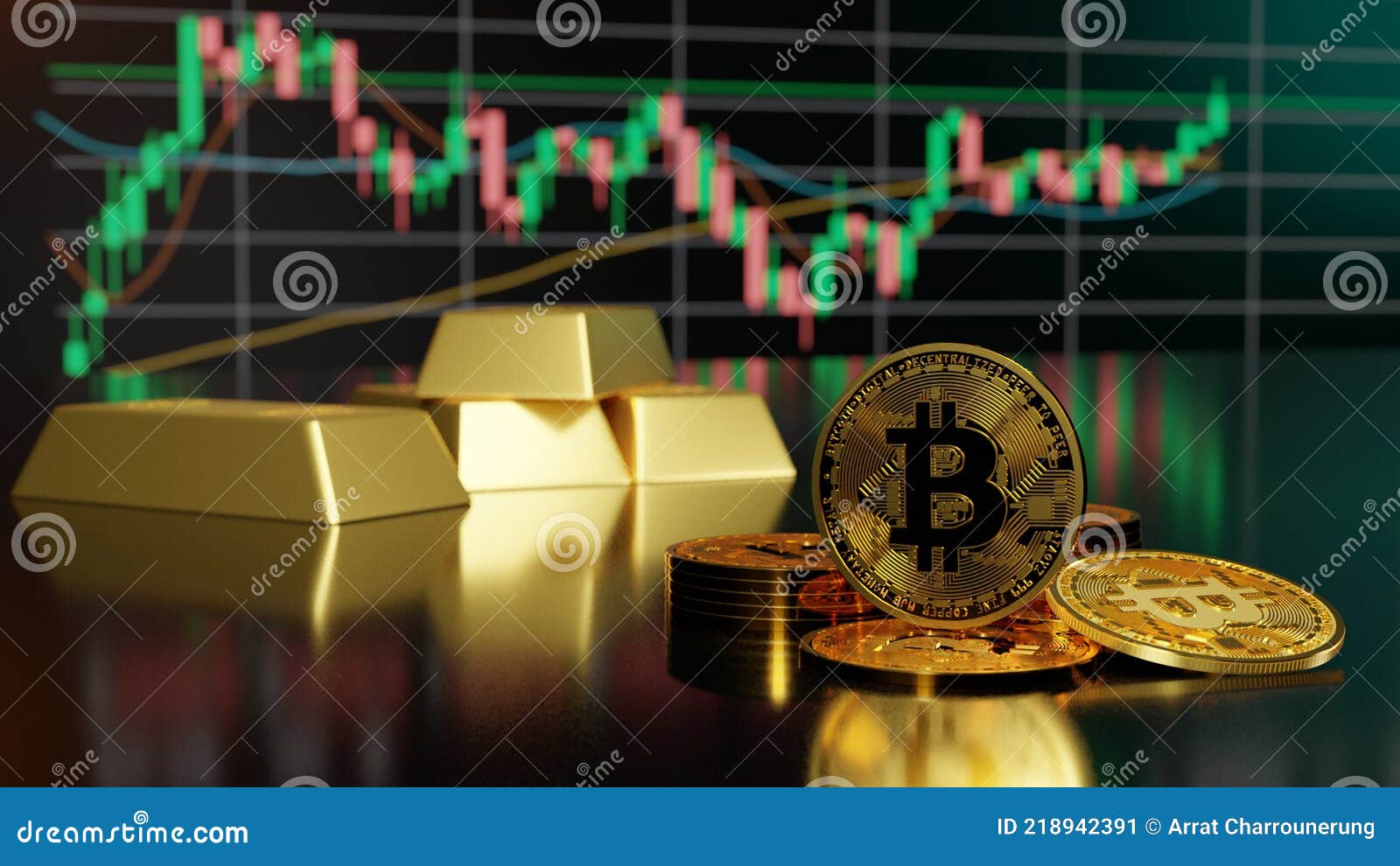 Bitcoin, Gold Bar and Cryptocurrency Investing Concept. 3D Rendering ...