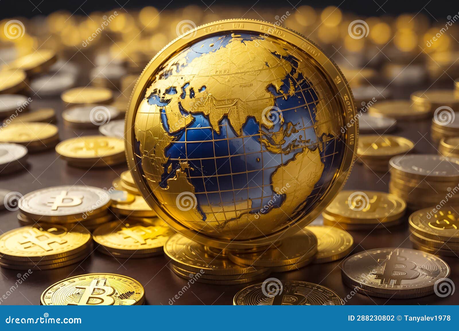 Bitcoin Gold Coins, Earth Globe Stock Illustration - Illustration of ...