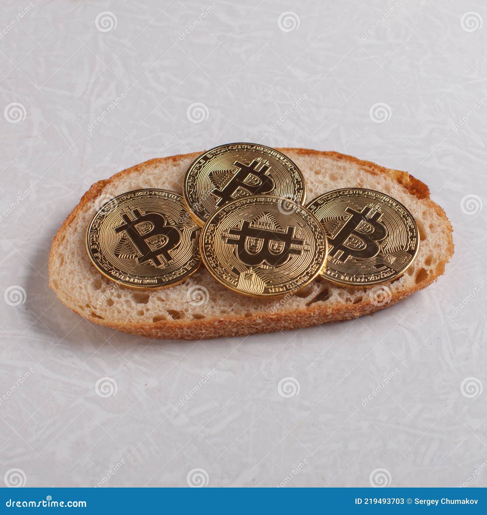Bitcoin Gold Coin on Bread Slice on Table Stock Image - Image of ...