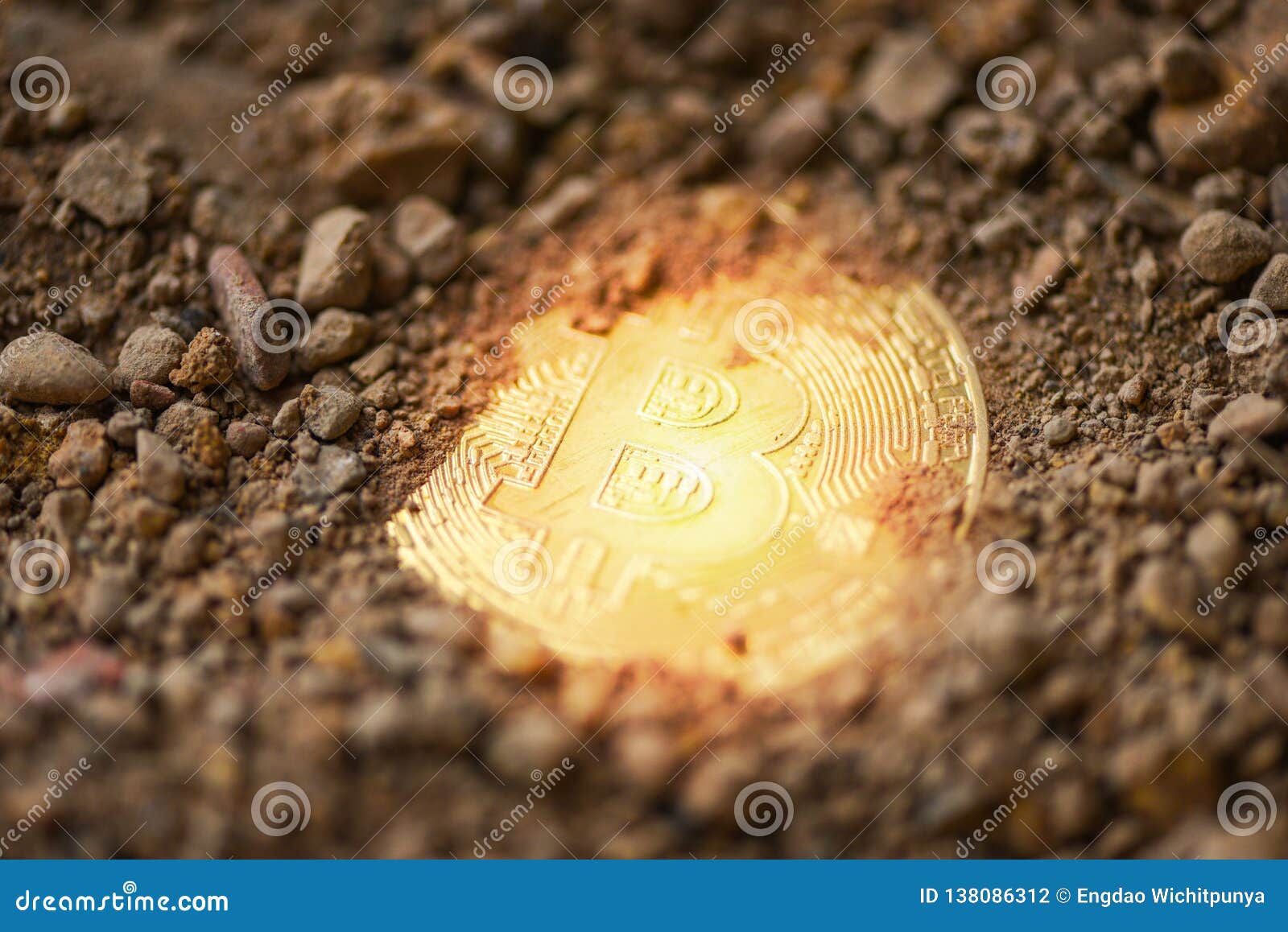 Bitcoin Golden on Ground Soil Deep with Light Virtual Cryptocurrency ...
