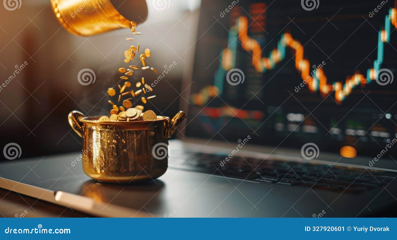 Bitcoin in Golden Pot with Market Chart Background. Trading Win Concept ...