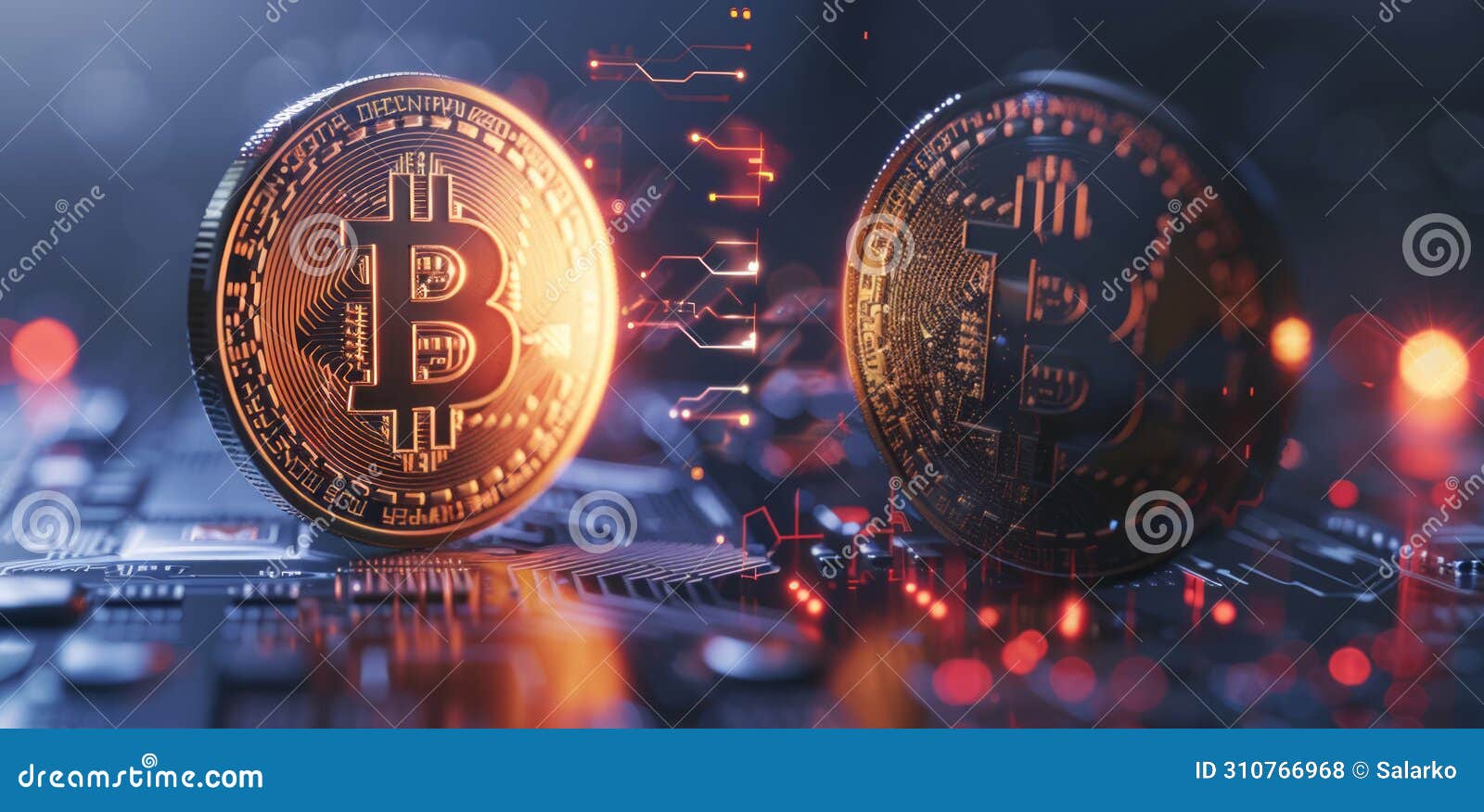 Bitcoin Halving Concept, Two BTC Crypto Coins Reflection on a Circuit ...